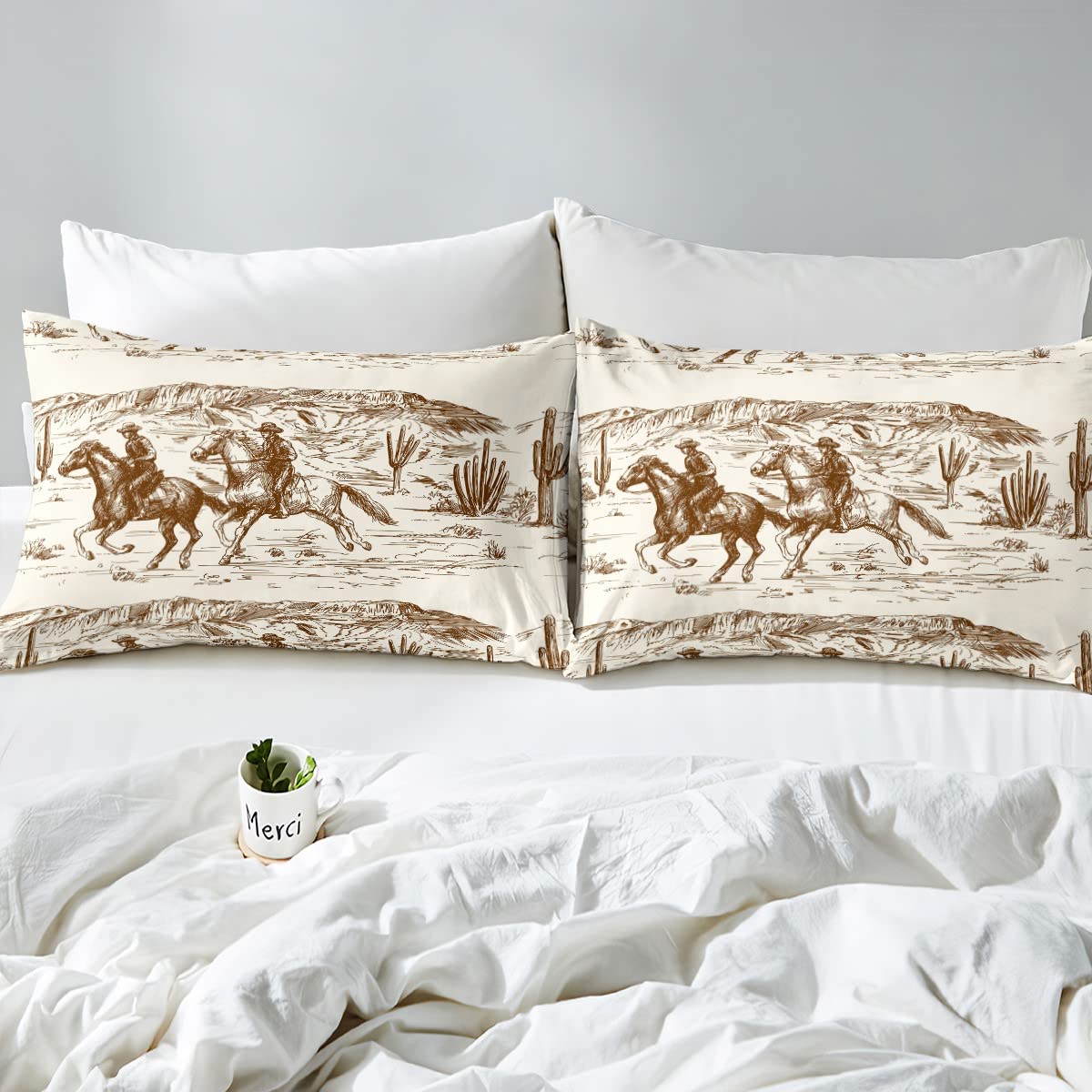 Erosebridal Western Bed Sheets Queen Size Cowboy Sheet Set American Wild West Desert Hand Drawn Illustration Fitted Sheet Country Theme Bedroom Decor Bedding Set for Boys Men Teens