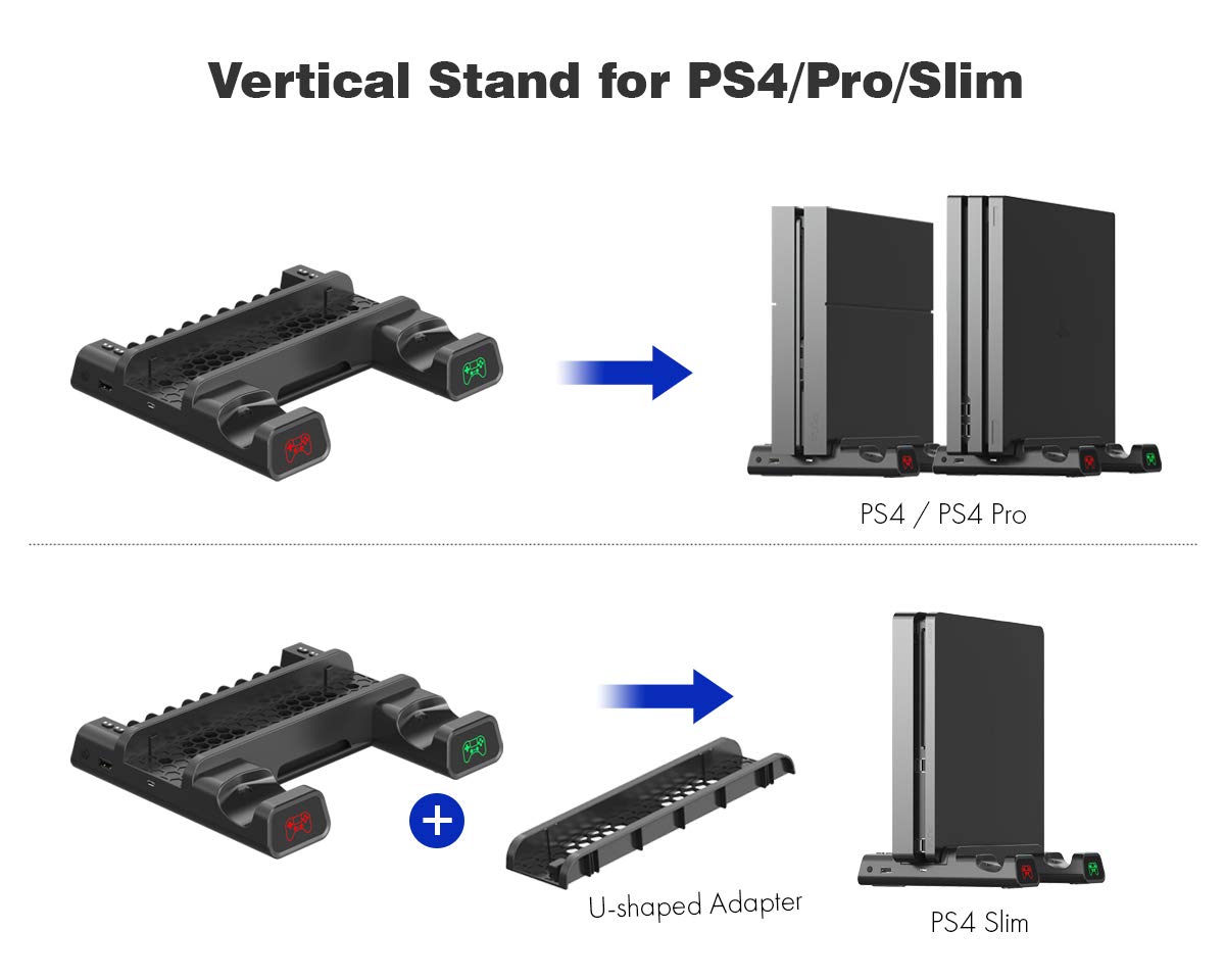 ElecGear PlayStation 4 Vertical Stand and Cooling Fan, Dual Charging Station for DualShock 4 Controller Charger Dock with 4X Mini Dongle, 10x Games Storage Bracket for PS4, PS4 Pro and PS4 Slim