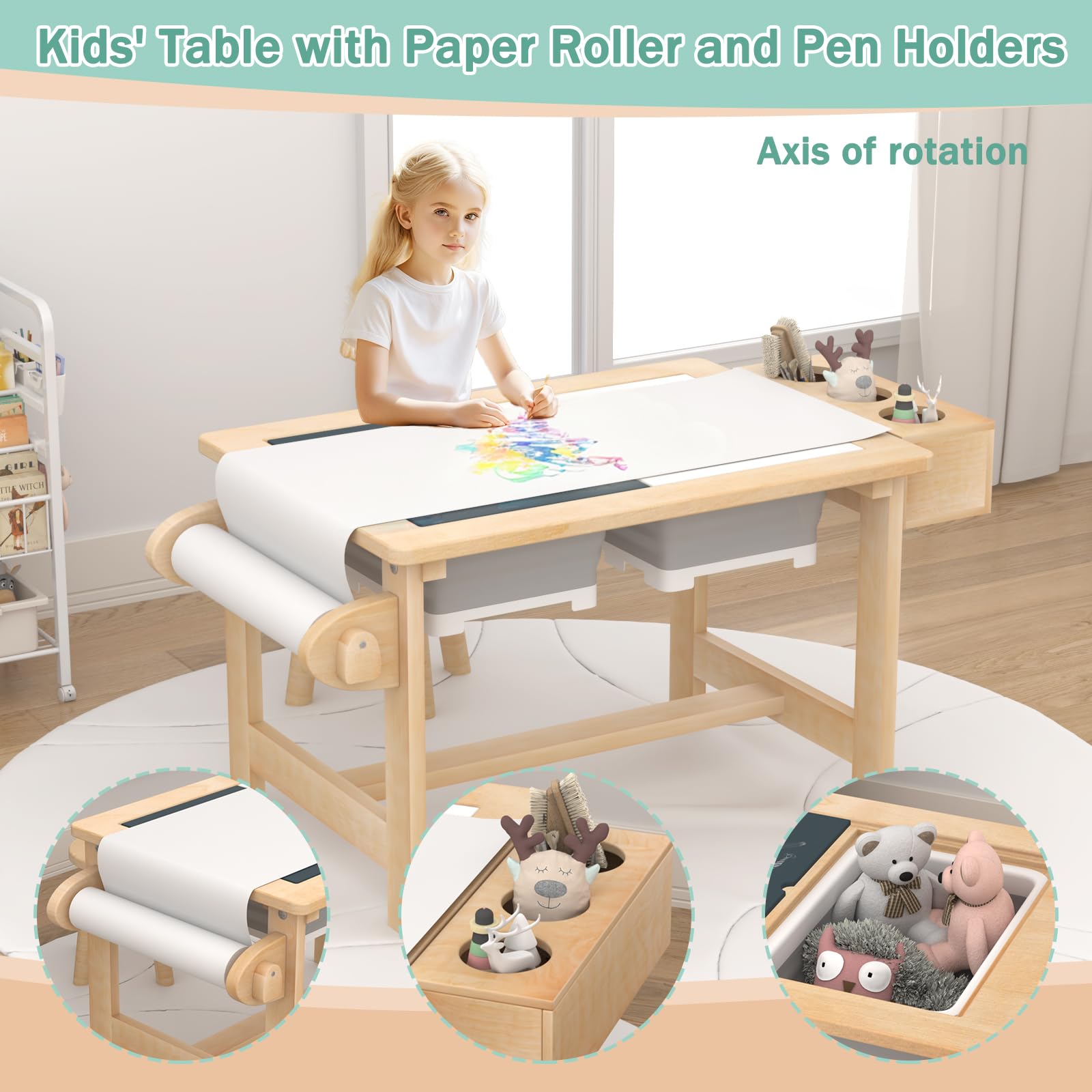 Beeneo Sensory Table for Toddlers, Kids Table with 2 Storage Bins, Multifunction Toddler Activity Table, Wooden Play Table for Kids, Sand and Water Table with Writable Lids