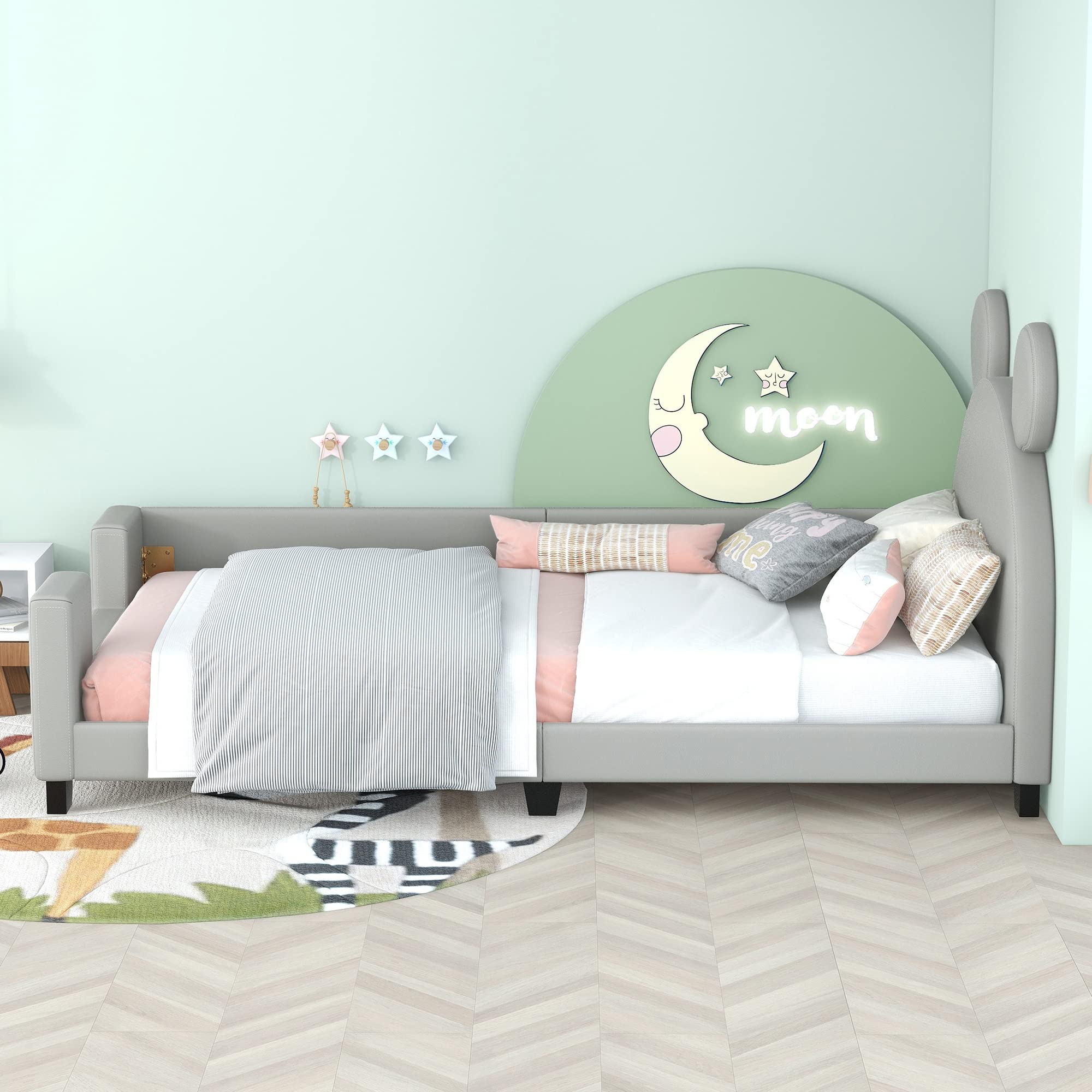 Bellemave Twin Upholstered Daybed with Carton Ears Shaped Headboard, Low Platform Bed Frame with Rails for Kids Girls Boys Teens, Gray