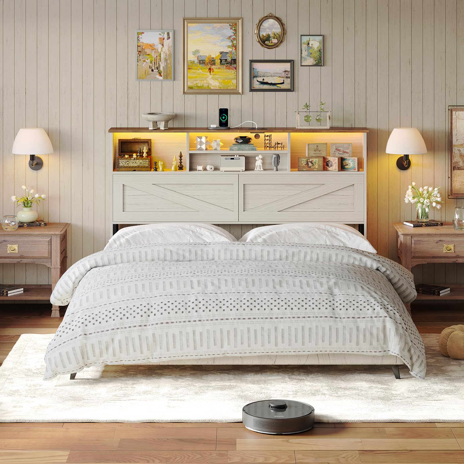 AOGLLATI Farmhouse King Headboard Only with Charging Station & Led Lights, King Size Headboard Only with 2-Tire Bookcase Storage Space for Bedroom, Easy Assembly, White