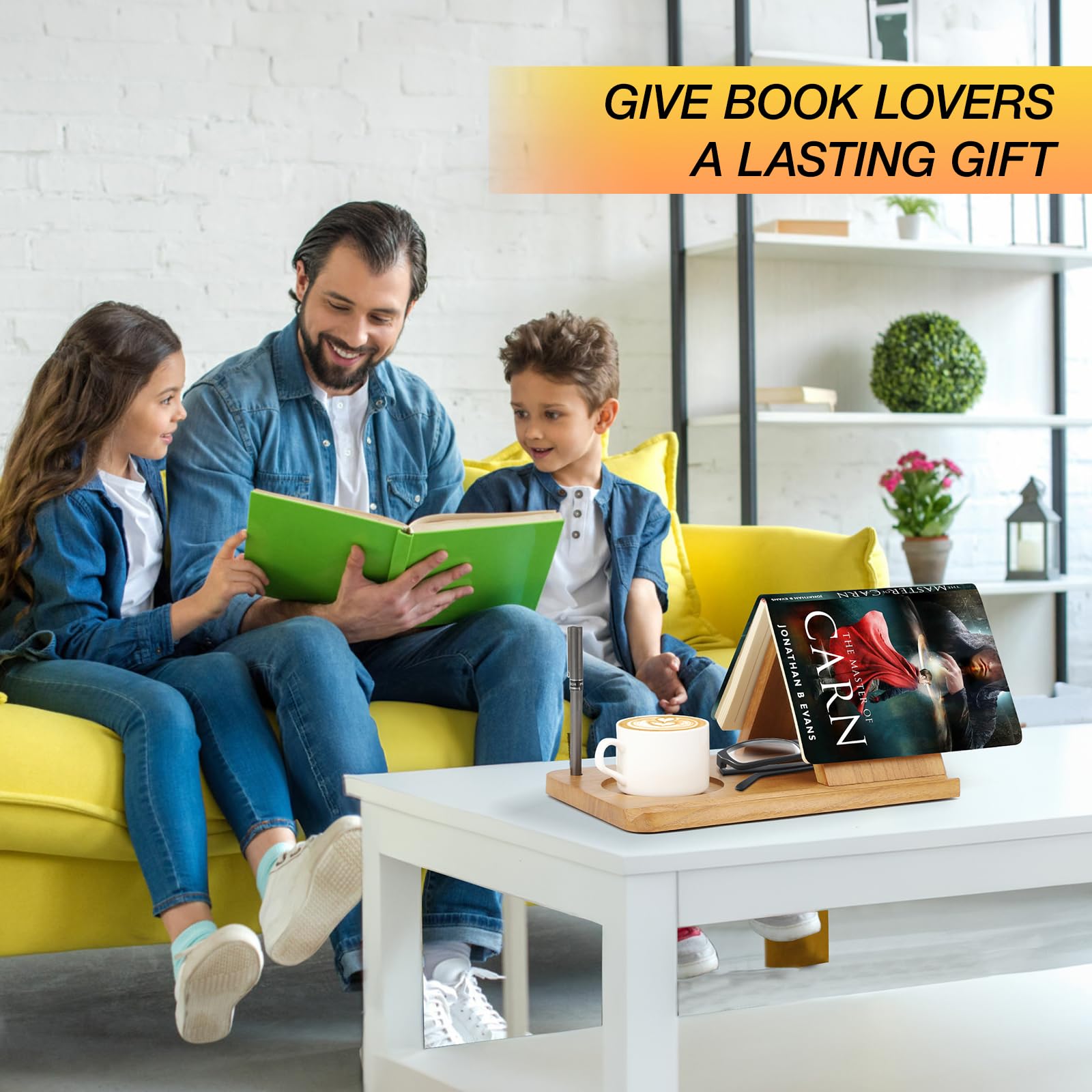 BEEUHLIL Book Holder, Triangle Small Bookshelf, Unique Book Nook Reading Valet with Cup, Glasses & Pen Holder, Wooden Mini Bookshelf, Book Lovers Gift Ideas