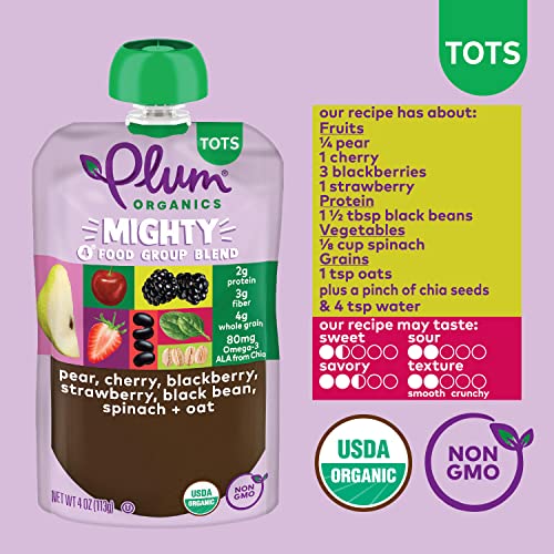 Plum Organics Mighty 4 Blends Pear, Cherry, Blackberry, Strawberry, Black Bean, Spinach & Oat, 4 Oz