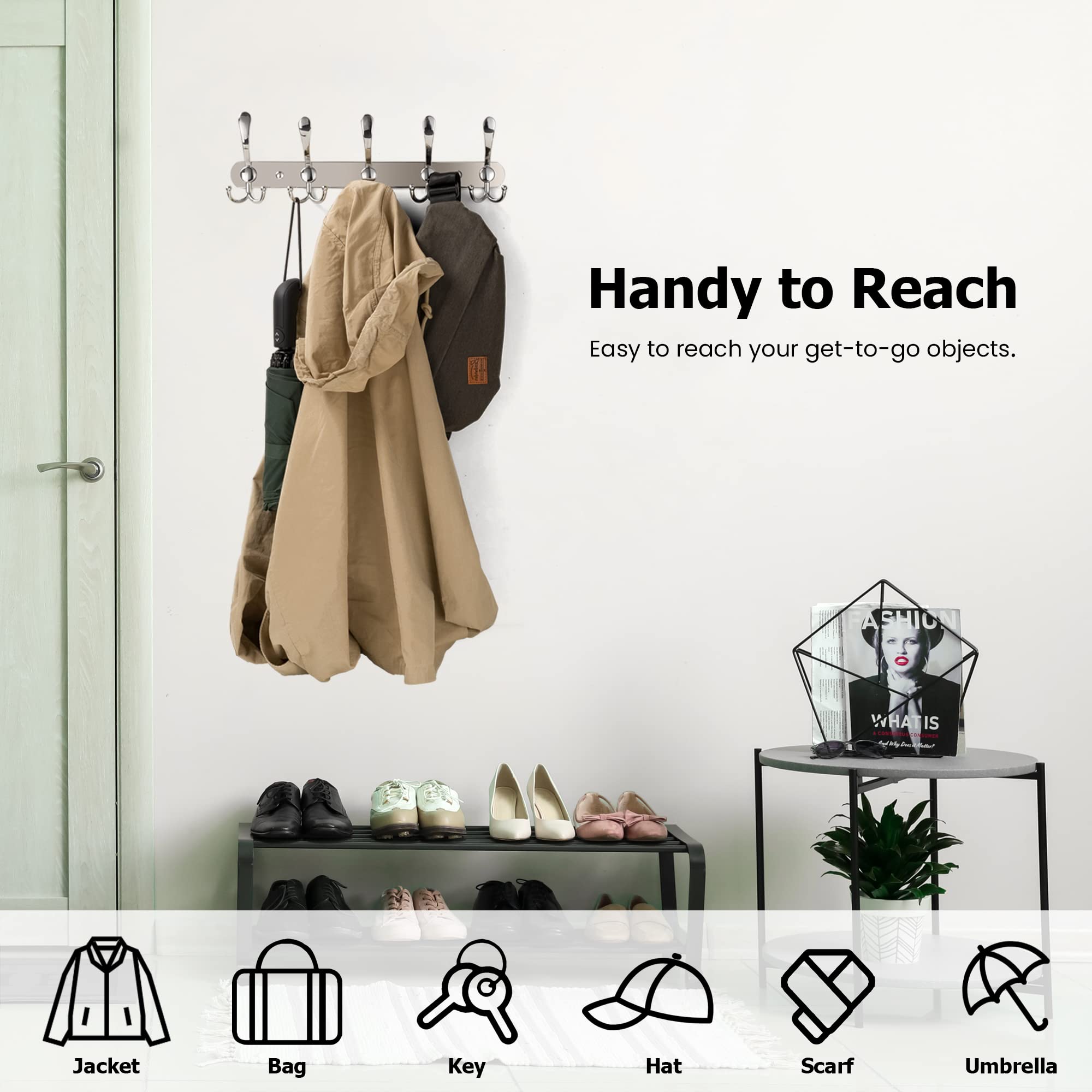Damita Coat Rack Wall Mount - 5 Tri Hooks, Heavy Duty Coat Hooks for Bathroom, Mudroom, Entryway, Kitchen, 304 Stainless Steel Modern Wall Hook Rack (1 Pack, Silver)