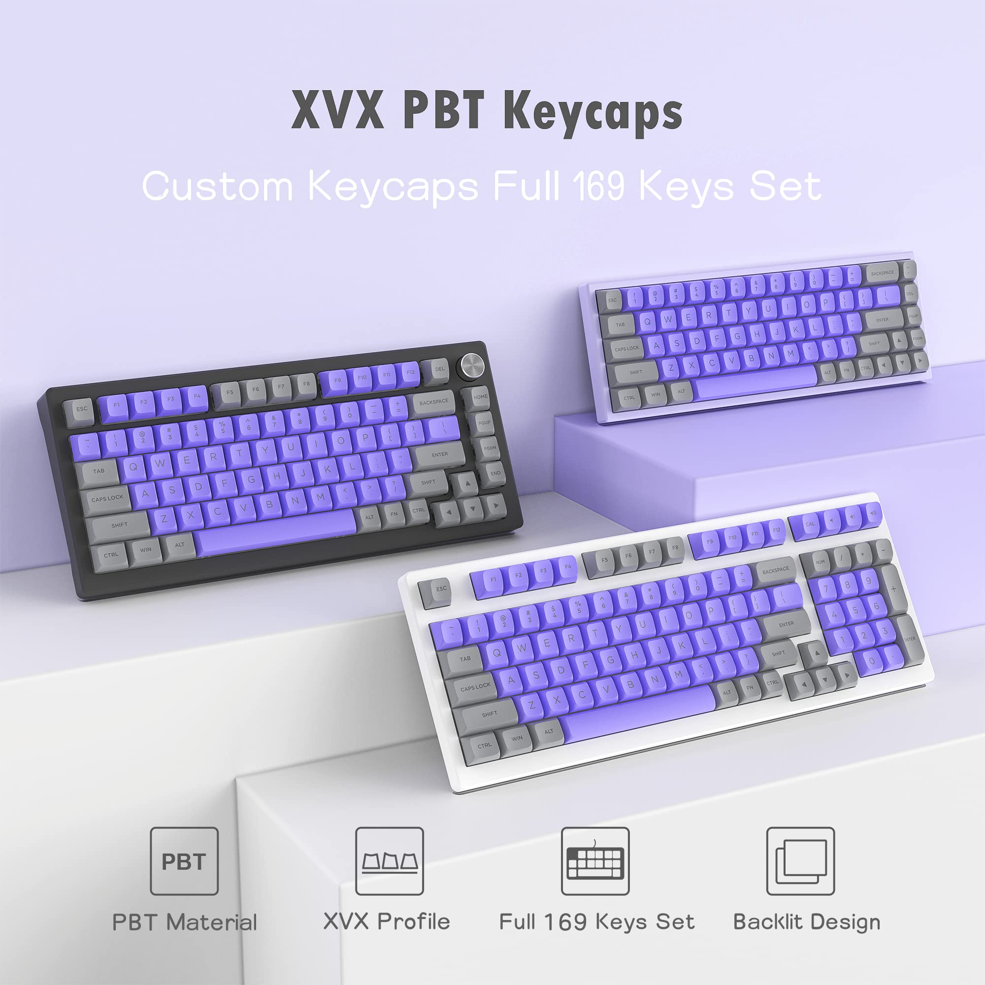 XVX PBT Keycaps, Shine Through Keycaps, XVX Profile 165 Keys Keyboard Keycaps, Double Shot Custom Keycaps for 61/64/68/84/87/100/104/108 for Cherry MX Mechanical Keyboard, Purple