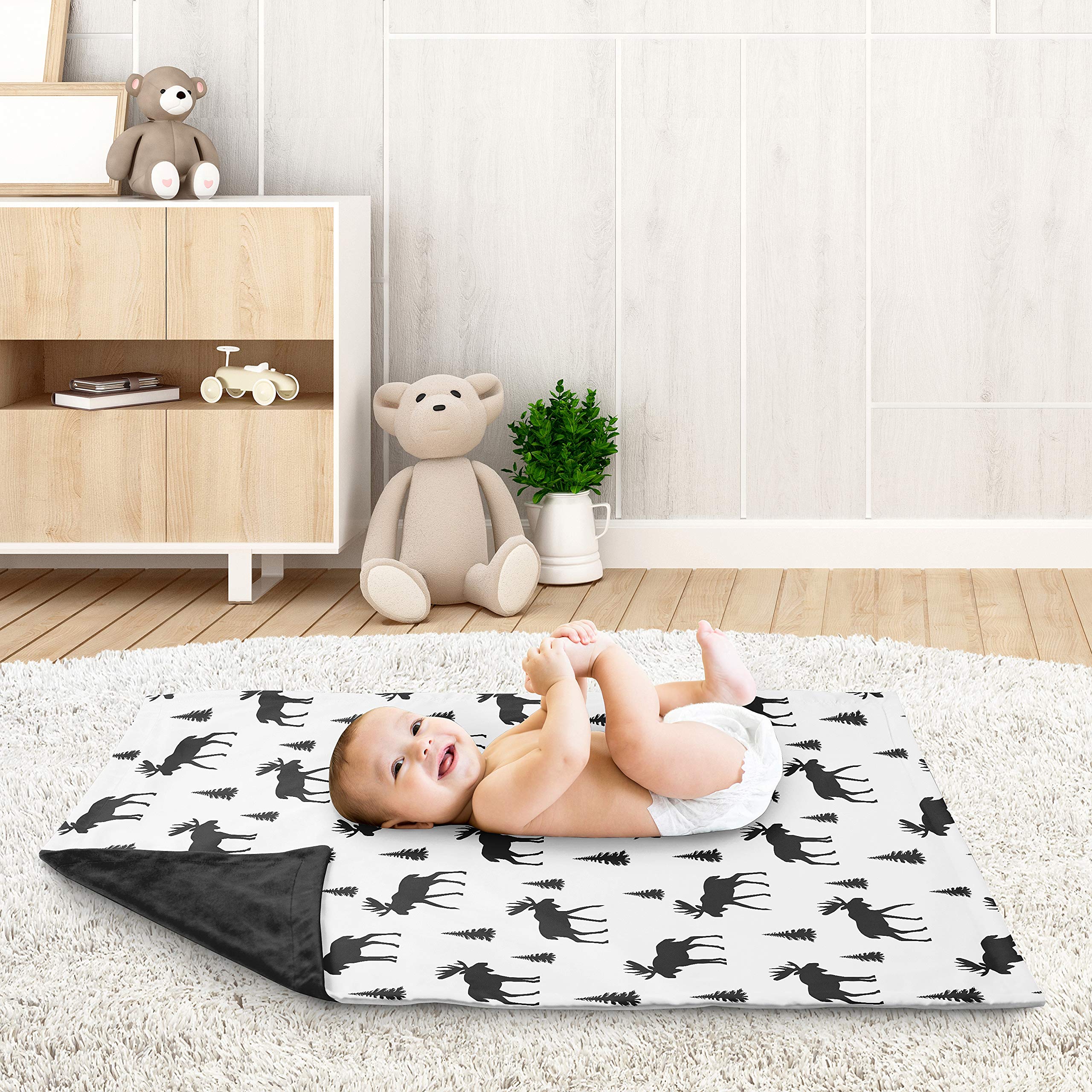 Sweet Jojo Designs Woodland Moose Rustic Patch Baby Boy Receiving Security Swaddle Blanket for Newborn or Toddler Nursery Car Seat Stroller Soft Minky - Black and White