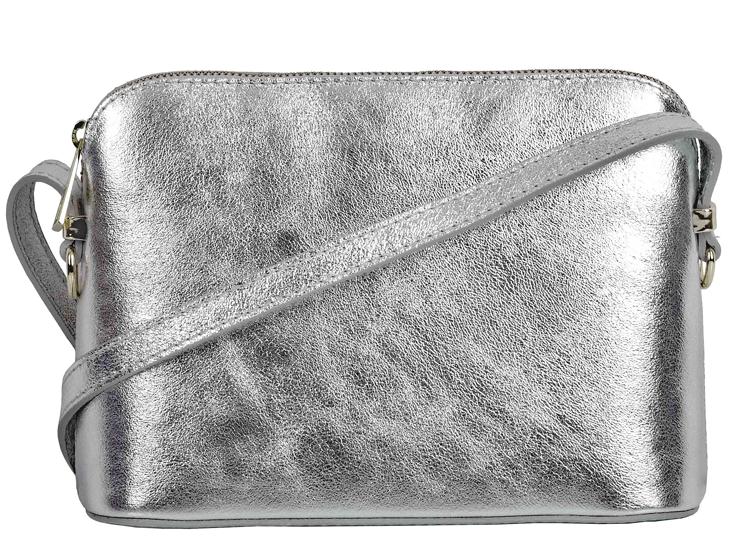 PRIMO SACCHI Ladies Italian Textured Metallic Silver Leather Small Triangular Shoulder Crossbody Bag
