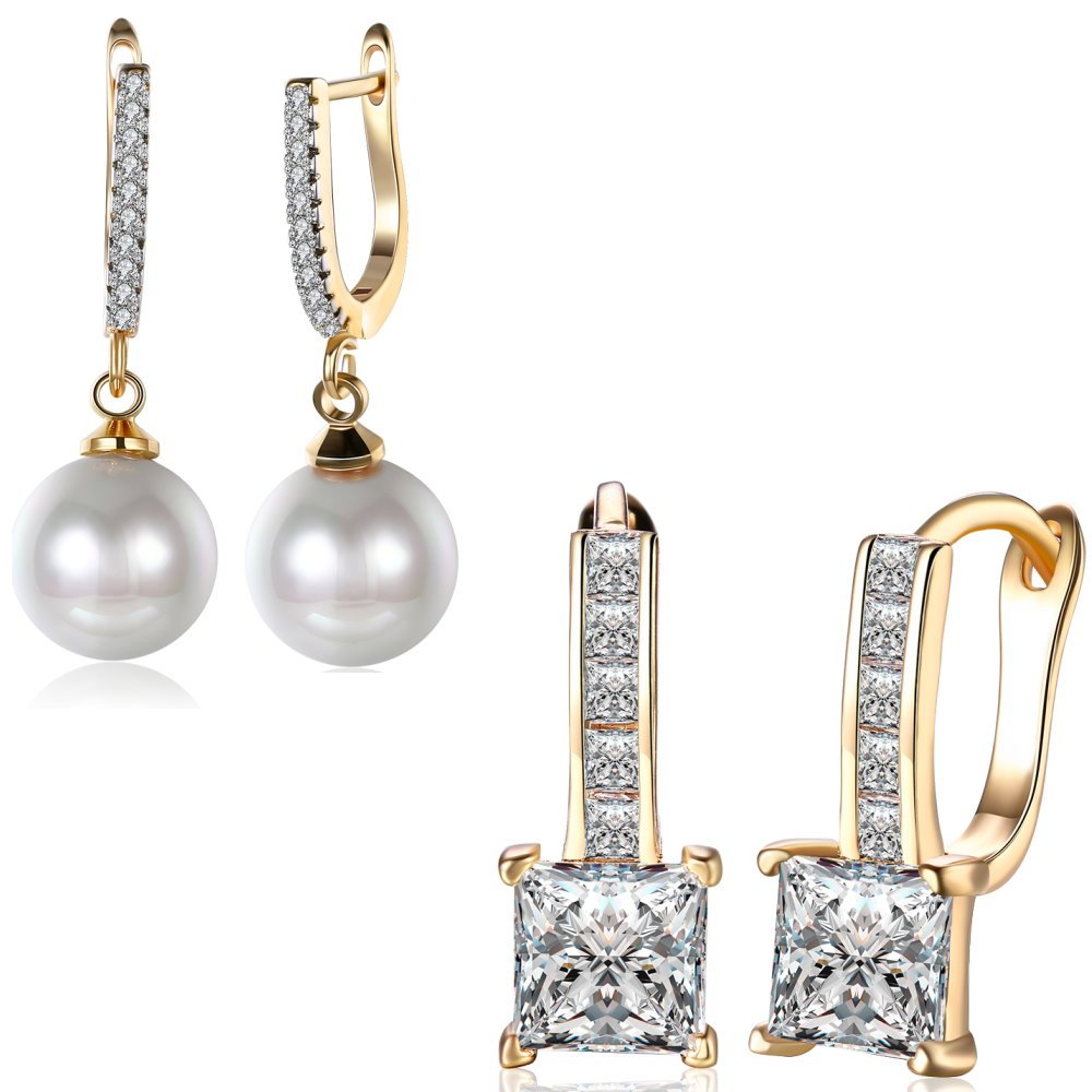 Elegant 18K Gold Plated Cubic Zirconia Pearl Drop Dangle Earrings Princess Cut CZ Diamond Crystal Small Hoop Earring For Women Huggie Hoops Hypoallergenic Dainty Delicate Fashion Jewelry Nice Gift Valentine's Day Bff Birthday 2 Pairs Set