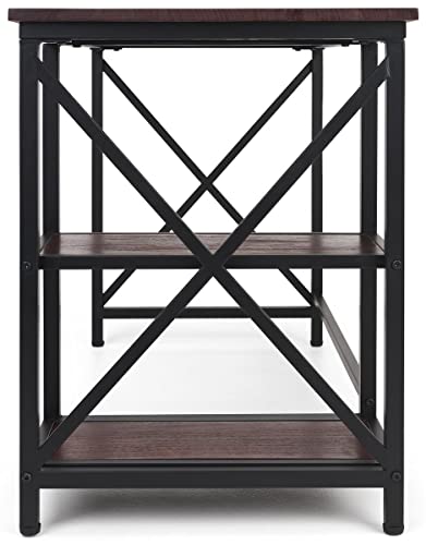 Displays2go Industrial-Style Desk, Two Shelves, Steel X Sides - Dark Wood Tone (FDXDESKBRN)