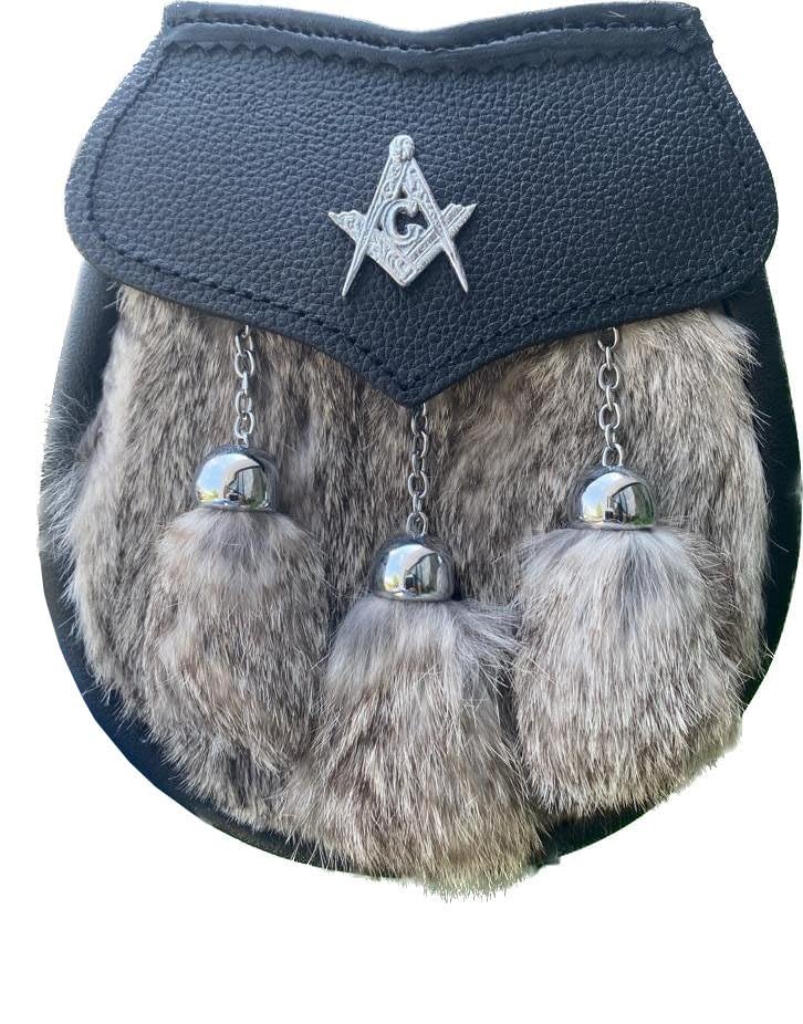AAR Mens Semi Dress Formal Sporran Brown Rabbit Fur 3 Tassels Free Leather Belt Chain