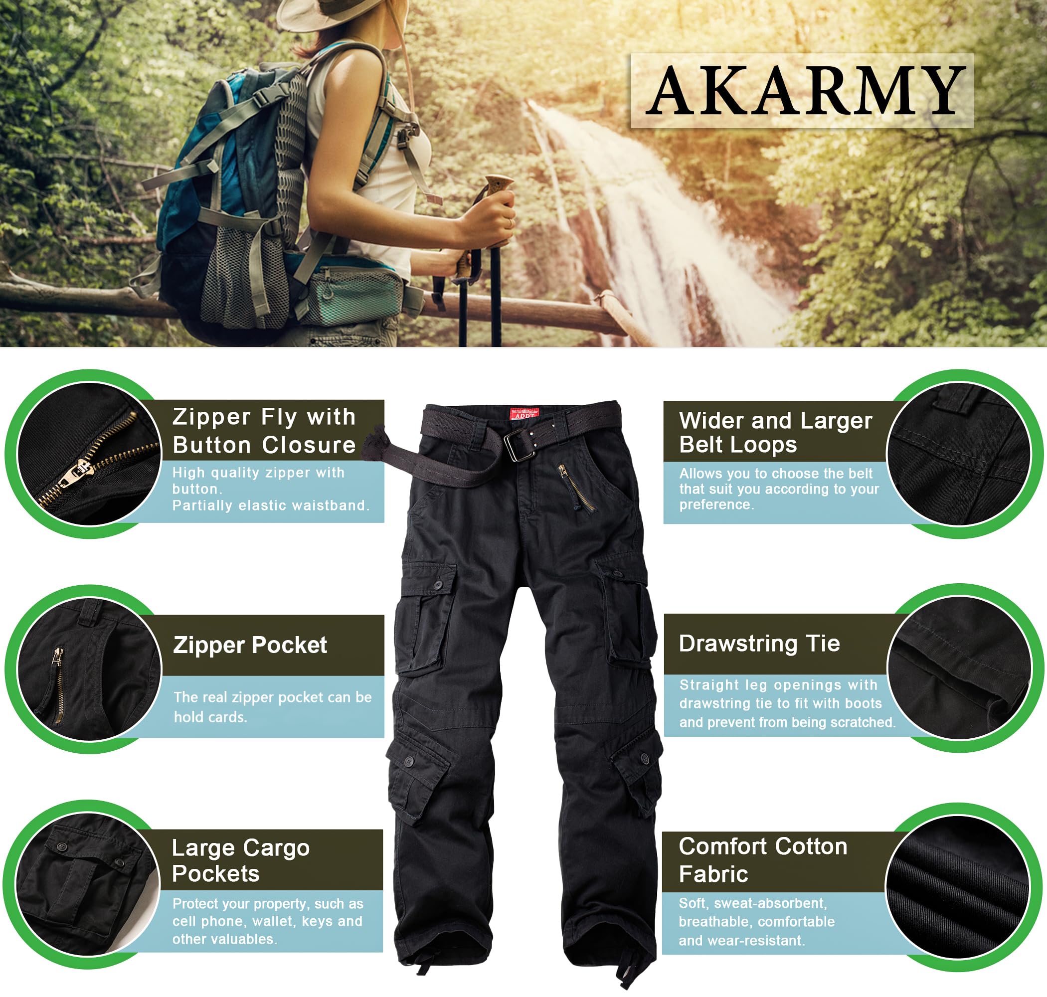 AKARMY Womens Cargo Pants with Pockets Outdoor Casual Ripstop Camo Military Combat Construction Work Pants Black
