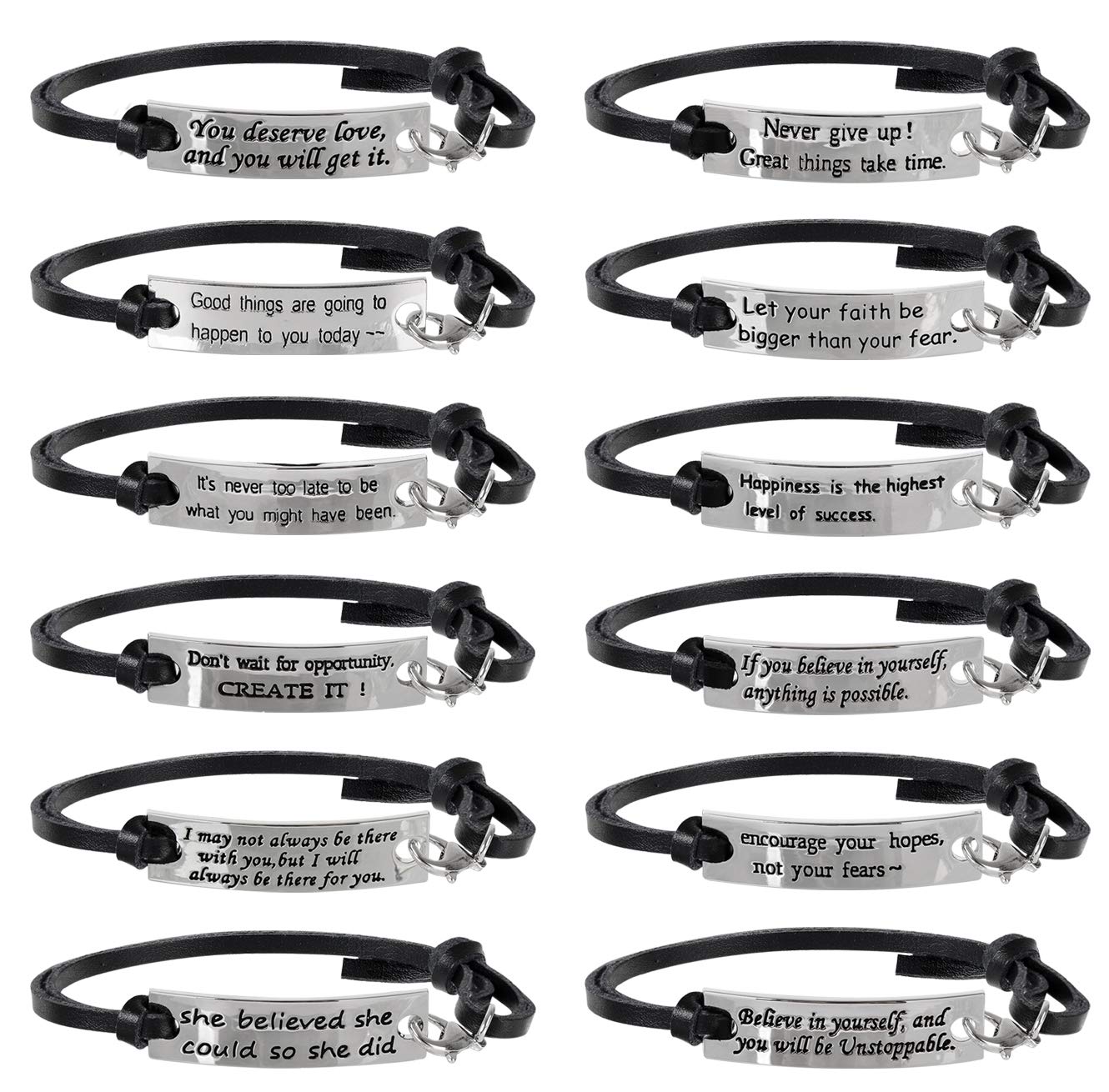 AleapDoll Christmas Stocking Stuffers Gifts 12 Pcs Bulk Inspirational Gifts Leather Bracelets for Women Girls Motivational Quotes Message Encouragement Cuff