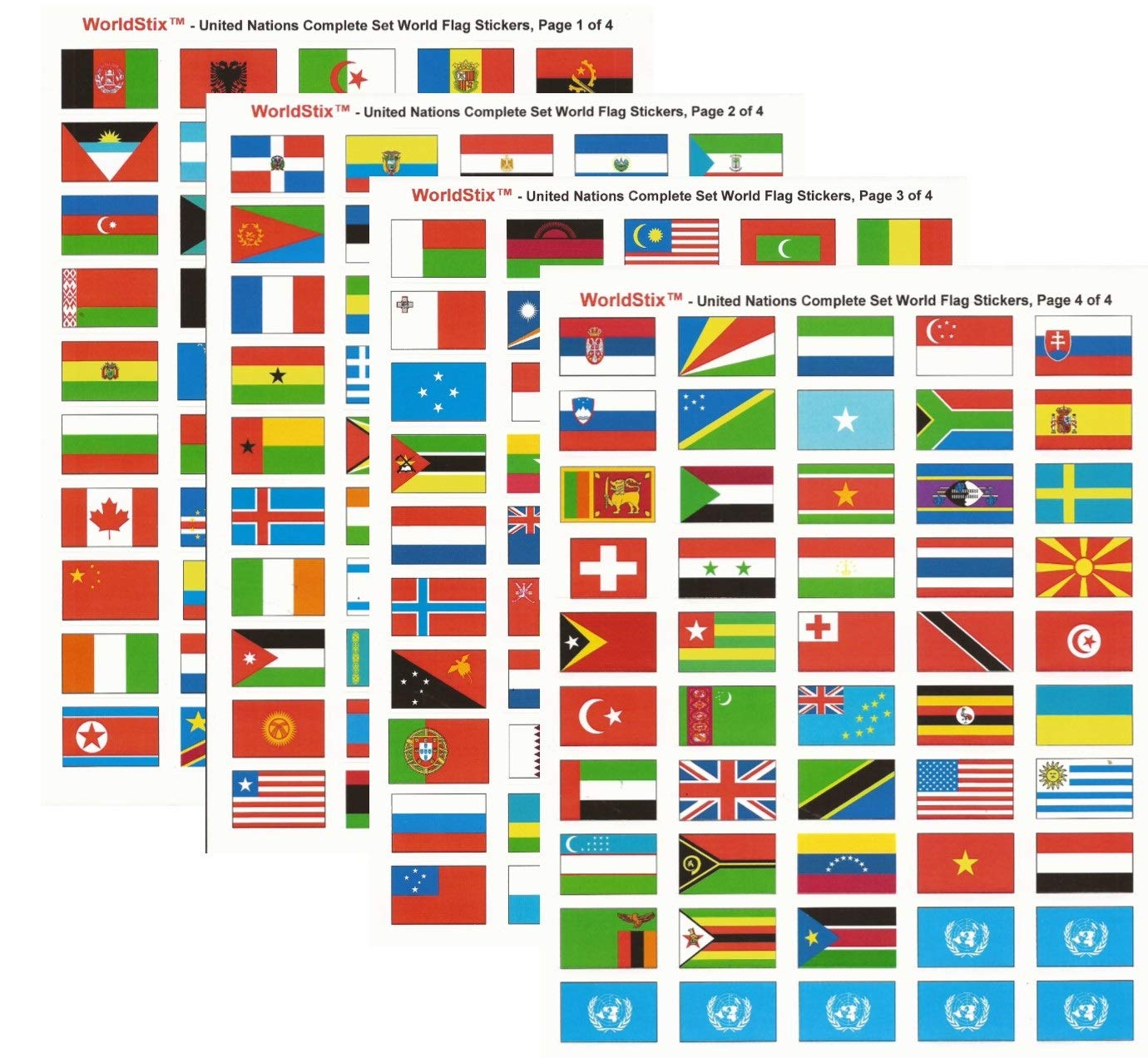 World Flag Stickers - United Nations Sticker Set; 1.5" x 1" Self Adhesive Stickers for Every International Country in The United Nations Plus 7 UN Stickers, 200 Sticker Flags Total Made in USA