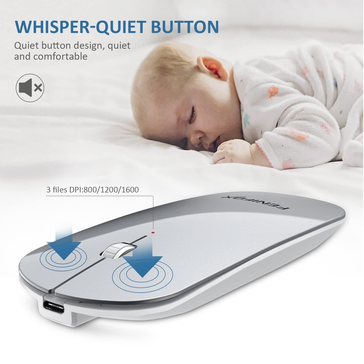 FENIFOX Bluetooth Mouse, Slim Mini Portable Flat Travel Wireless Mouse Rechargeable Quiet Ultra-Thin Mice Compatible with Laptop,Tablet,Notebook,PC (Silver and White)
