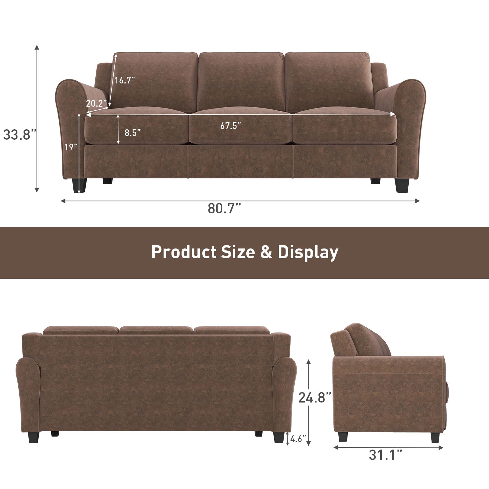 Bonzy Home 80.7" Sofa, 3 Seater Sofa Couch for Living Room, Modern Couch with Thick Cushion for Apartment Office, Brown