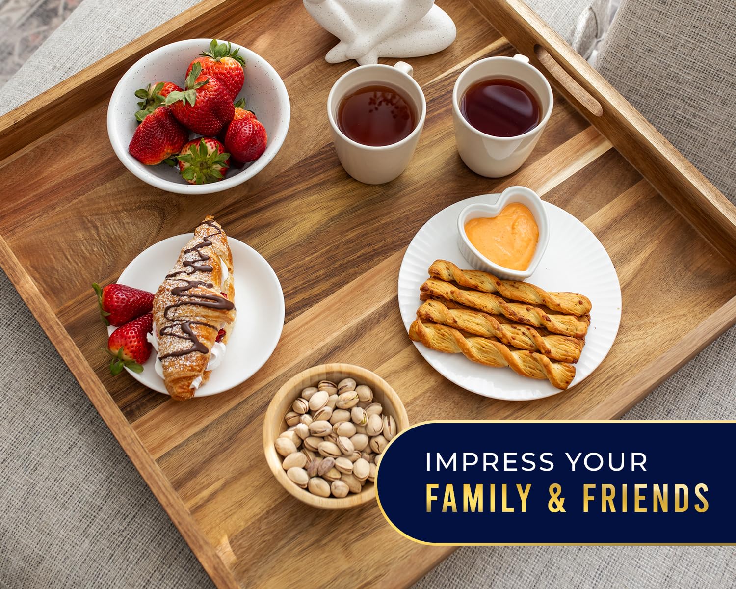 Extra Large (22") Square Premium Acacia Wood Ottoman Tray with Handles - Use for Serving Food in Style for Dinner, Breakfast, Snacks, BBQ, Entertaining Guests & More