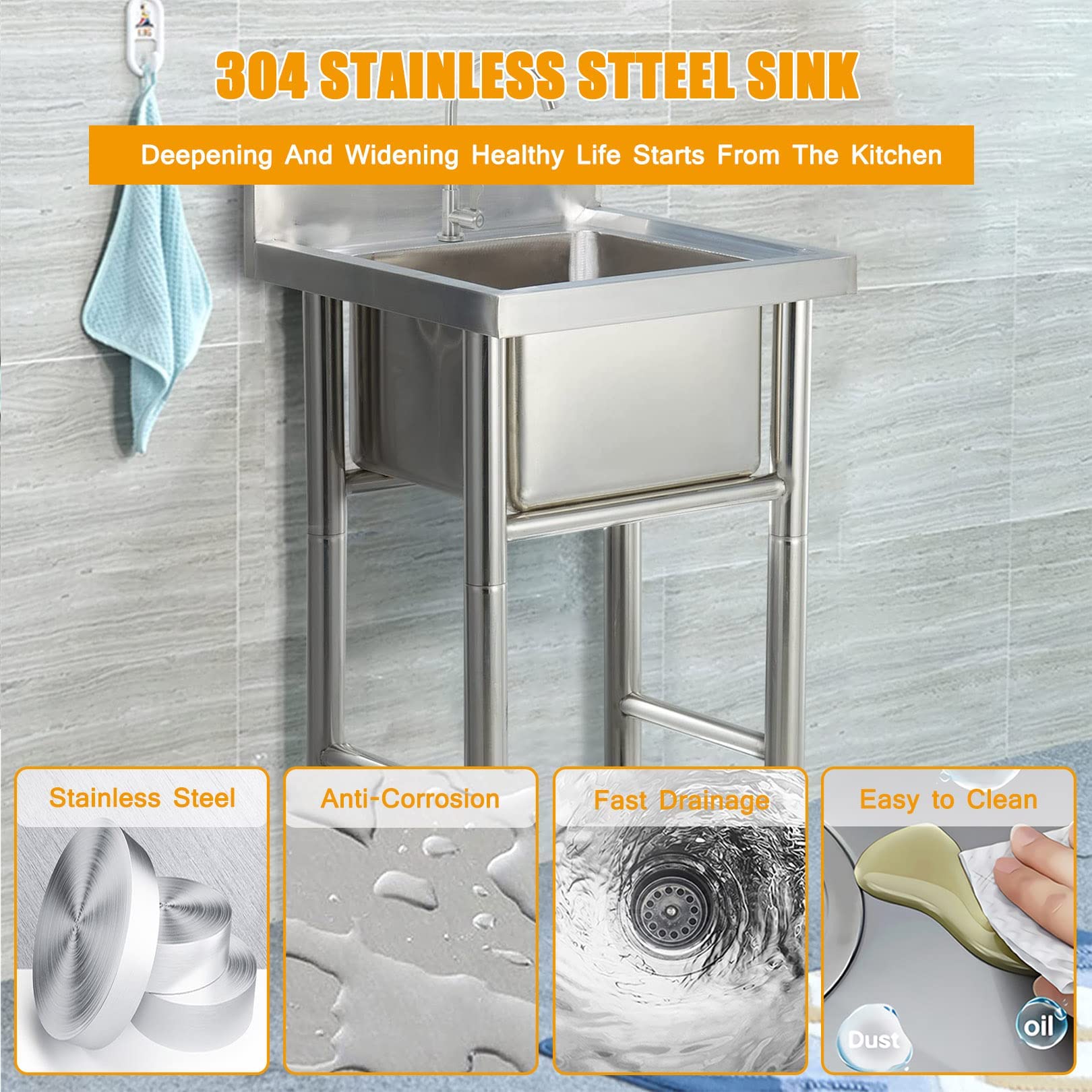 ALEEJA Home Simple Laundry Stainless Steel Sink with Faucet, Industrial Garage Sink Commercial Sink for Restaurant, Workshop
