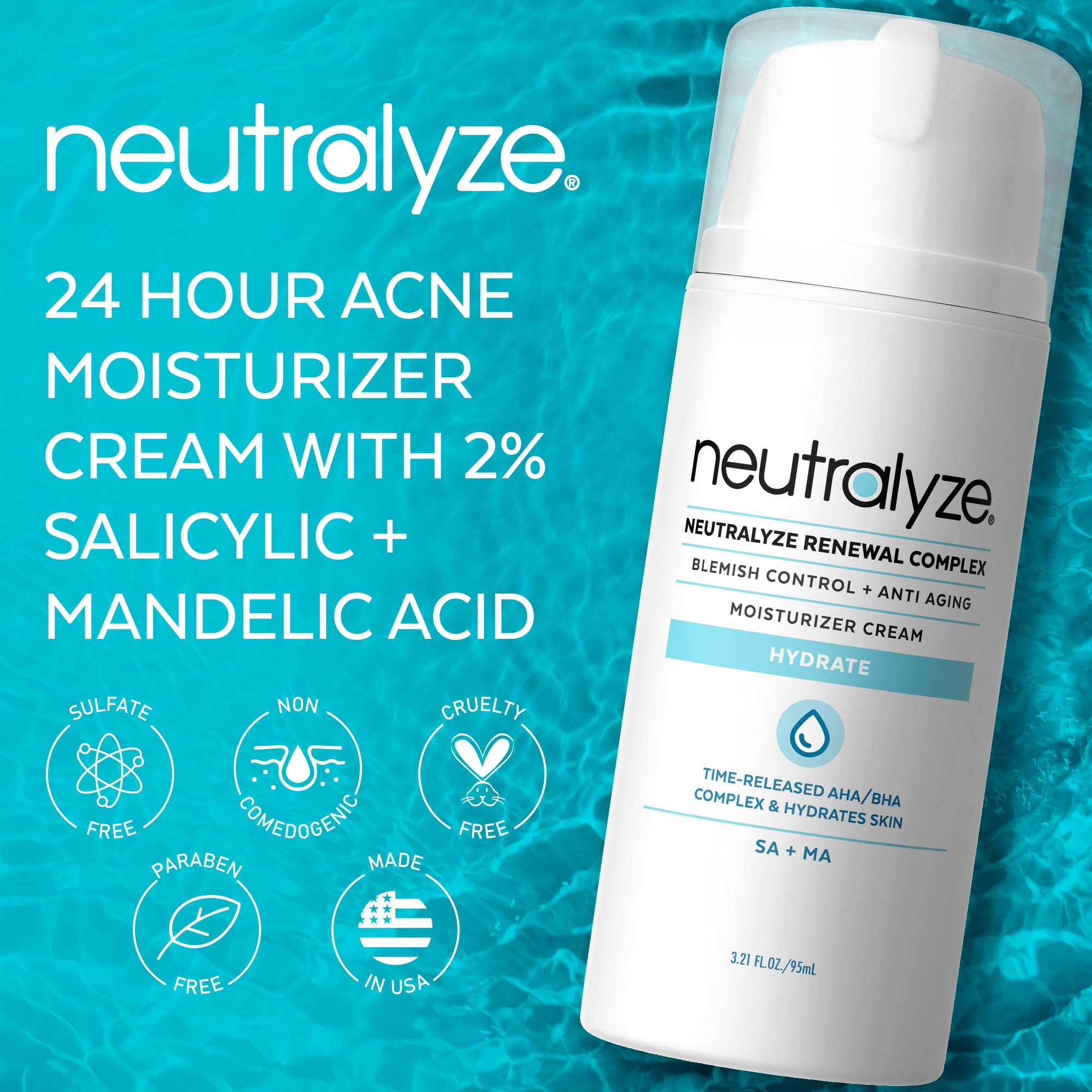 Neutralyze Maximum Strength Acne Moisturizer for Face & Body - Time Released, Medical Grade 2% Mandelic Acid & Salicylic Acid Cream - Renewal Complex Facial Moisturizer for Acne Prone Skin (90+ Day)