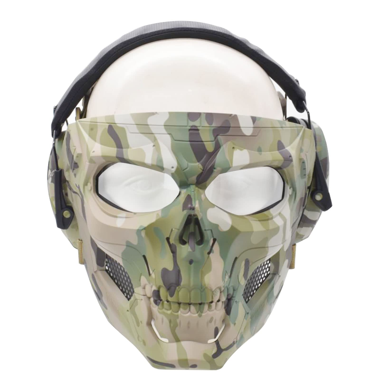 Airsoft Mask & Earmuffs Ear Hearing Protection Headphones Shooting Ear Protection Ear Muffs Full Face Skull Mask Clear Goggle (Camo)