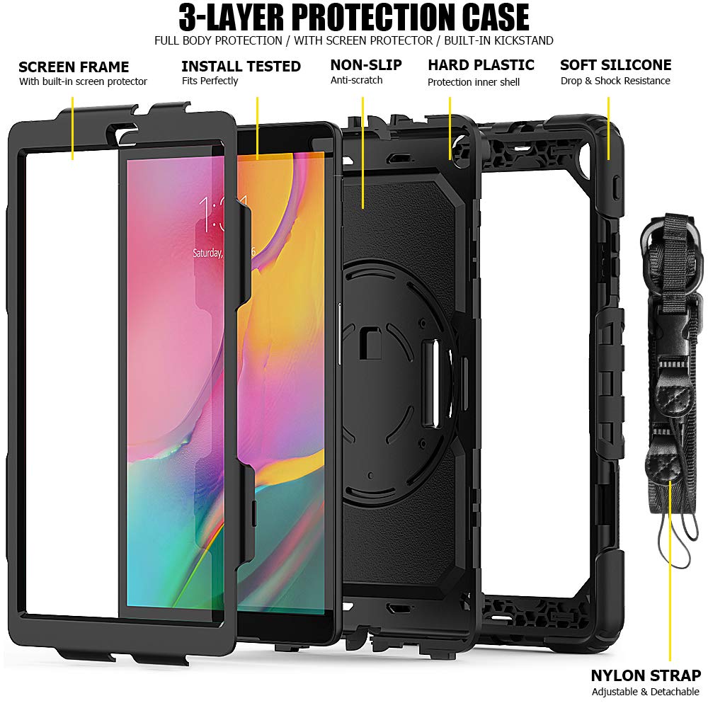 Samsung Galaxy Tab A 10.1 Case 2019 | Herize SM-T510/T515 Shockproof Rugged Protective Case Cover with Built-in Screen Protector, 360 Stand,Hand Strap& Shoulder Strap for Galaxy Tab A 10.1 Inch-Black