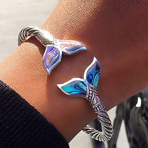 Abalone Shell and Mermaid Tail Bangle Bracelet Adjustable Bangle Open Hand Chain for Women, Birthday Charms, Shiny Finish