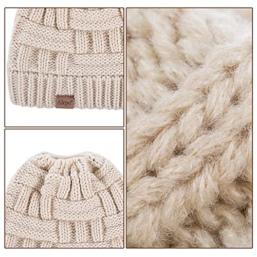 Alepo Womens High Messy Bun Beanie Hat with Ponytail Hole, Winter Warm Trendy Knit Ski Skull Cap (Black)