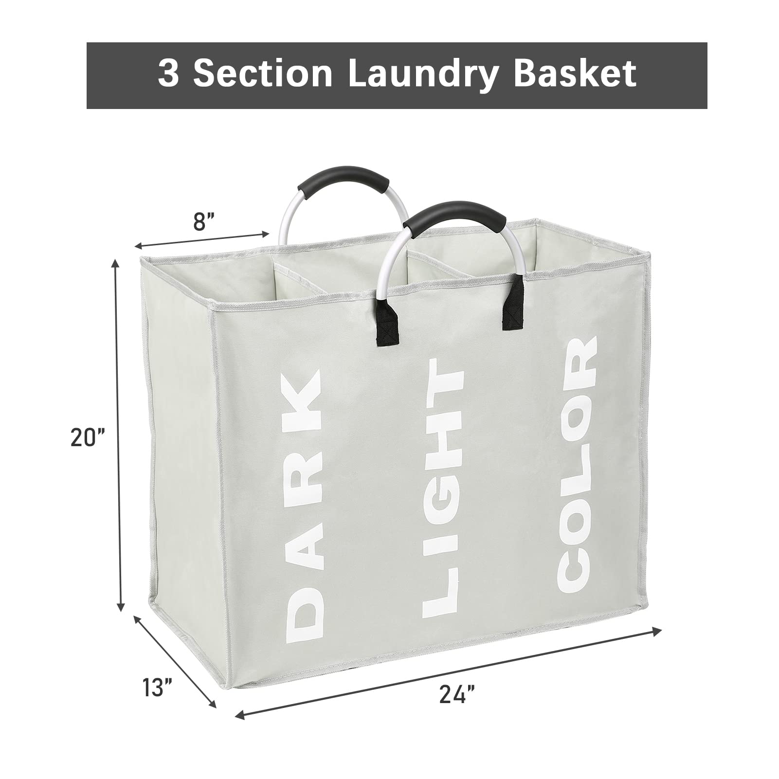 AORESAC 94L X-Large Laundry Hamper 3 Section, Collapsible Clothes Hamper with Padded Handles, Durable and Easy to Clean, 24 X 13 X 20inches Laundry Basket for Bedroom, School Dorm, Apartment