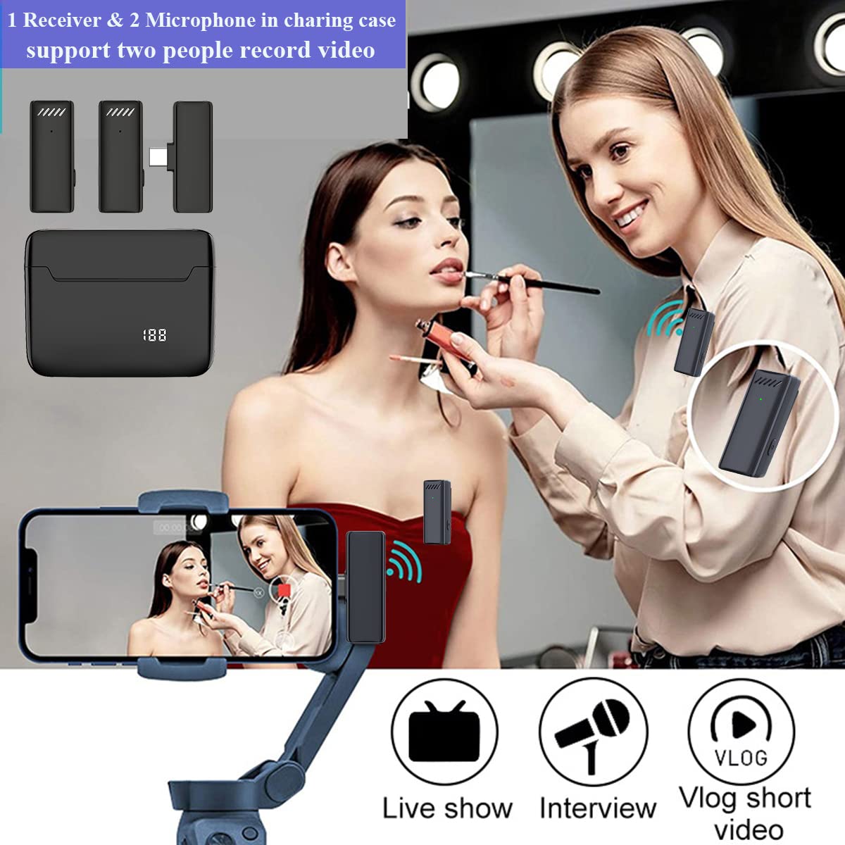 BaoDanRen Wireless Lavalier Microphone,Wireless Lavalier Lapel Microphone for Android iPhone Tablet with Indicator Charging Case,Plug-Play with 2 Pack Microphone for Video Recording,Tiktok,YouTube