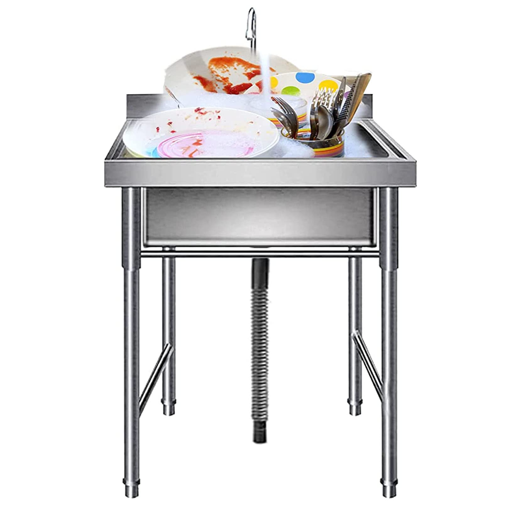 ALEEJA Commercial Kitchen Sink Free Standing Single Bowl Sink, 304 Stainless Steel Single Bowl Square Drop in Basin Sink with Faucet for Bathroom Restaurant