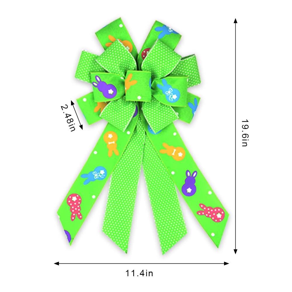 Easter Wreath Bows, Green Spots Rabbits Burlap Easter Bows for Wreaths - Large Easter Ribbon Bows for Easter Day Home Garden Indoor Outdoor Decoration Wreath Ornament Supplies