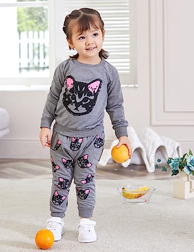 puseky Toddler Kids Girls Cute Cat Sweatshirt Tops & Pants Tracksuit Outfits Set (3T-4T, Grey)