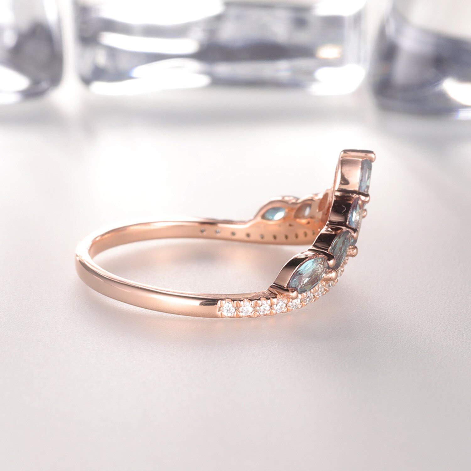 Alexandrite Sterling Silver Rose Gold CZ Diamond Wedding Band Stackable Matching Stacking Engagement Bridal Ring Statement Women Curved Chevron