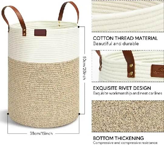 Woven Rope Laundry Basket with Leather Handles - Versatile Woven Rope Storage Basket for Blanket, Toy In Living Room, Bathroom, Bedroom - 58L White & Brown