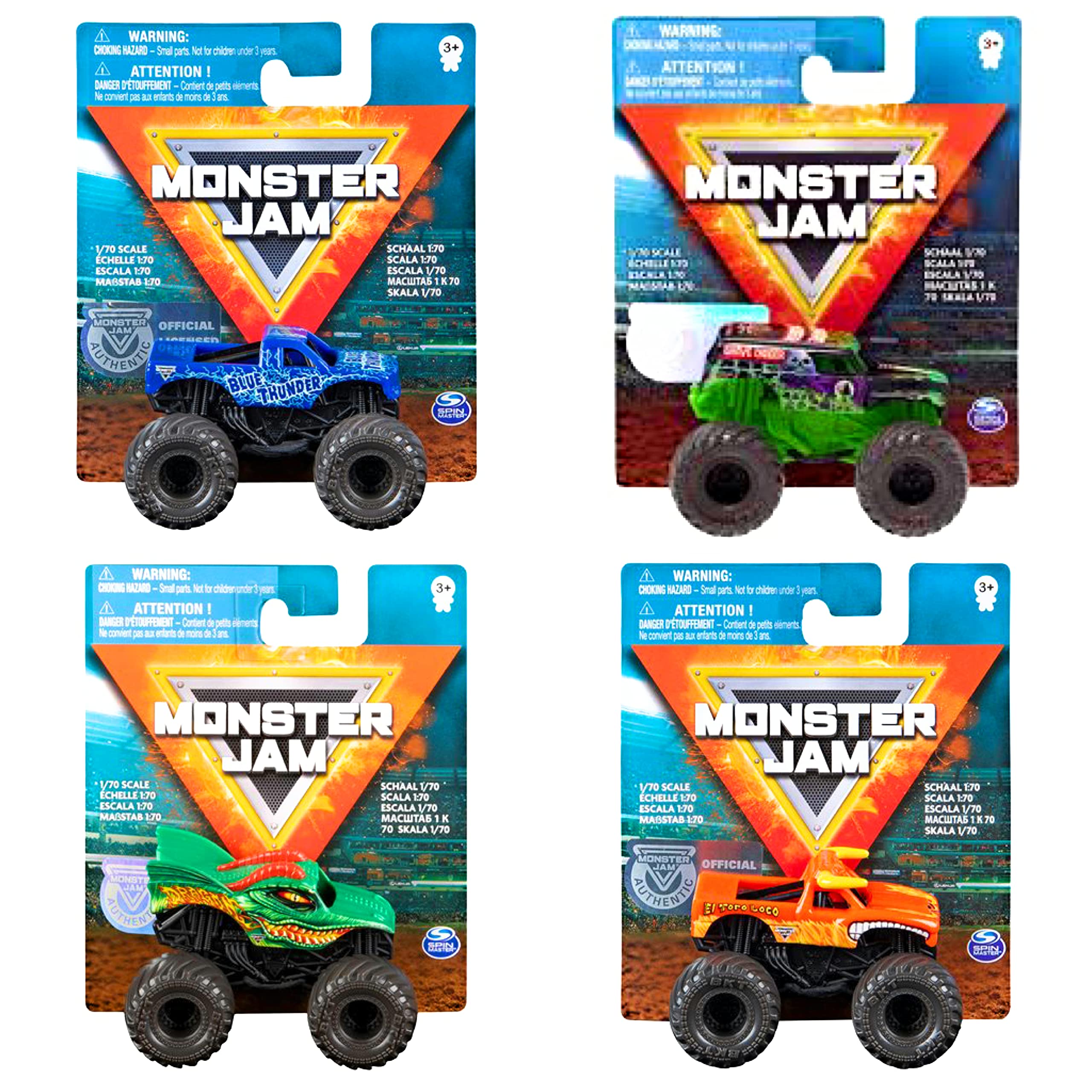 MonsterJam 4 Pack Bundle of 1:70 Scale Mini Monster Trucks (Grave Digger, Blue Thunder, El Toro Loco, & Dragon)