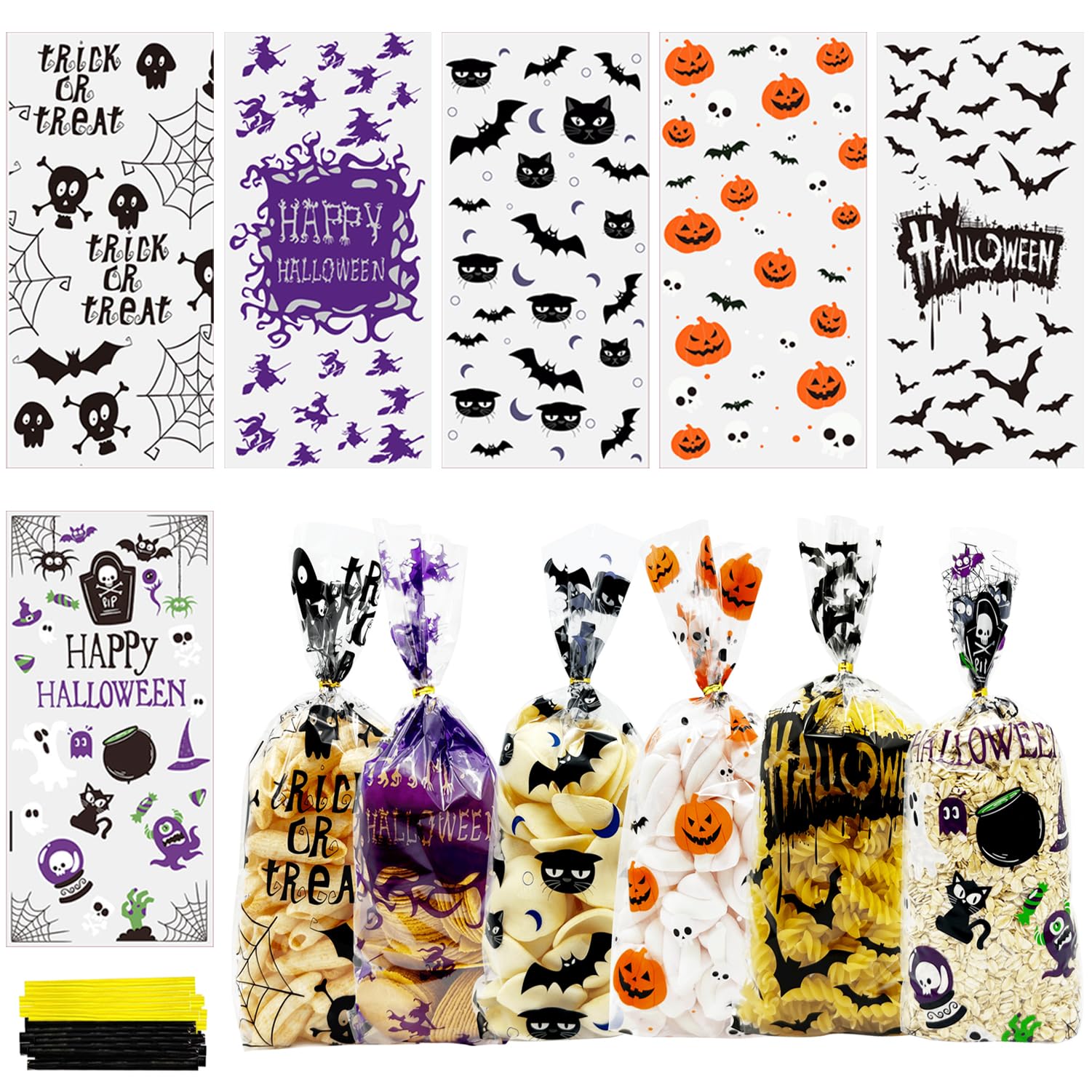 AouEtnay 120 Pcs Halloween Cellophane Treat Bags Candy Bags Halloween Goodie Bags with Tags Twist Ties for Goodie Cookie Candy Halloween Party Favor Supplies, 6 Styles