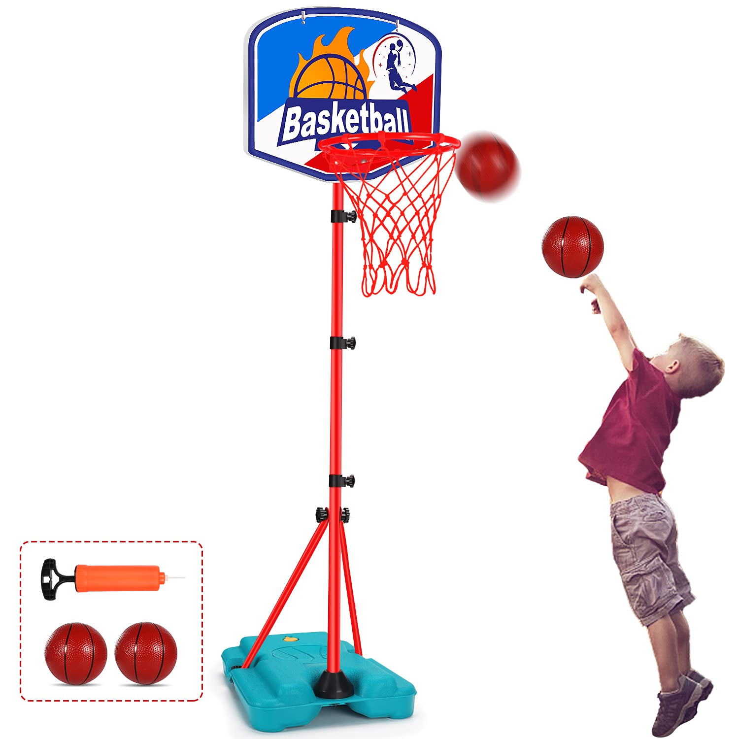 Kids Basketball Hoop Portable Adjustable Height 2.9FT-6.2FT Mini Toddler Basketball Goals Outdoor & Indoor Toys with 2 Balls Summer Yard Backyard Outside Sport Toys for Boys Age 3 4 5 6 7 8 Gifts