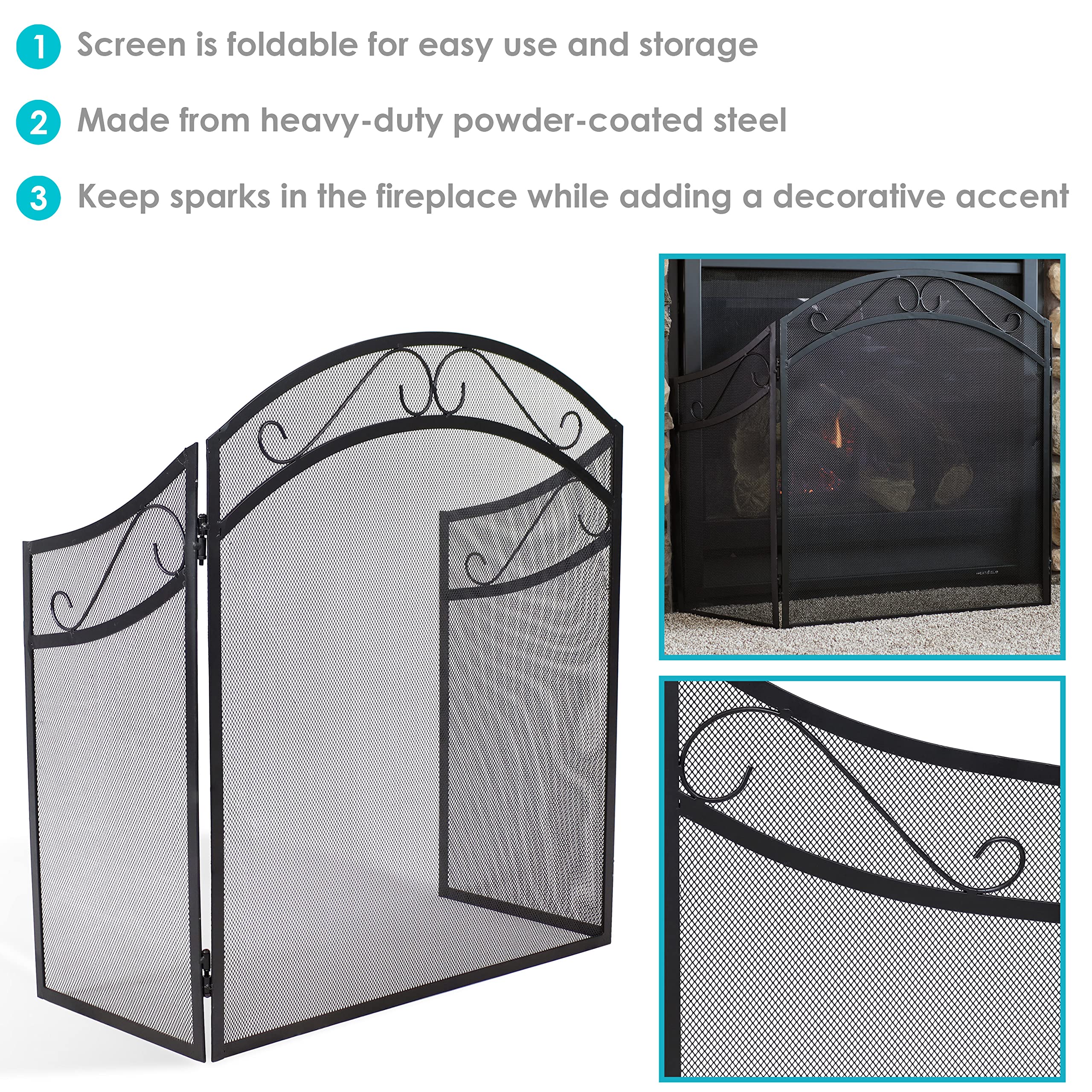 Sunnydaze Elegant Scrolling Design Steel 3-Panel Fireplace Screen with Black Powder-Coated Finish