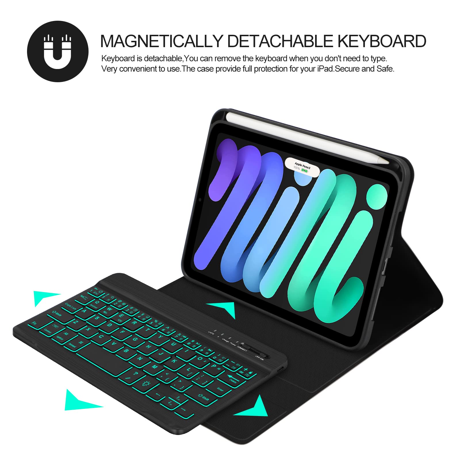 BORIYUAN iPad Mini 7th Gen 2024 (A17 Pro) & iPad Mini 6 Keyboard Case 2021, Detachable Wireless Keyboard, 7 Color Backlit, Slim Folio Cover with Pencil Holder for iPad Mini 7th/6th Gen 8.3 inch Black