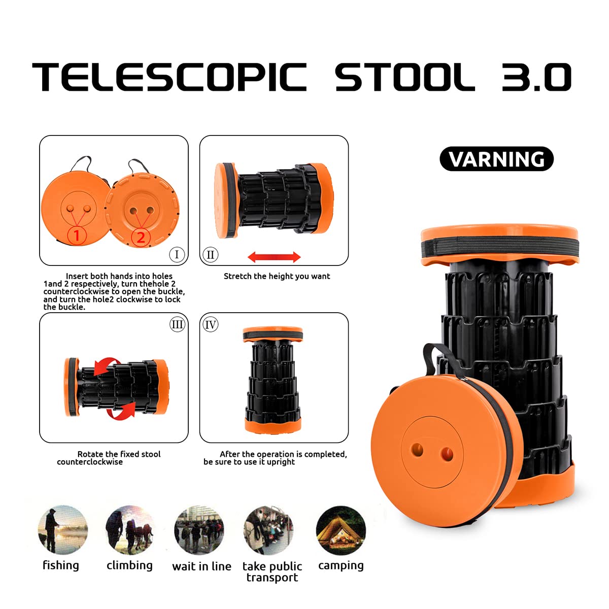 Aselpida Retractable Folding Stool, 400lbs Collapsible Adults Folding Stools, Telescoping Stool for Camping Fishing Hiking Garden Travel Adjustable Lightweight (Orange)