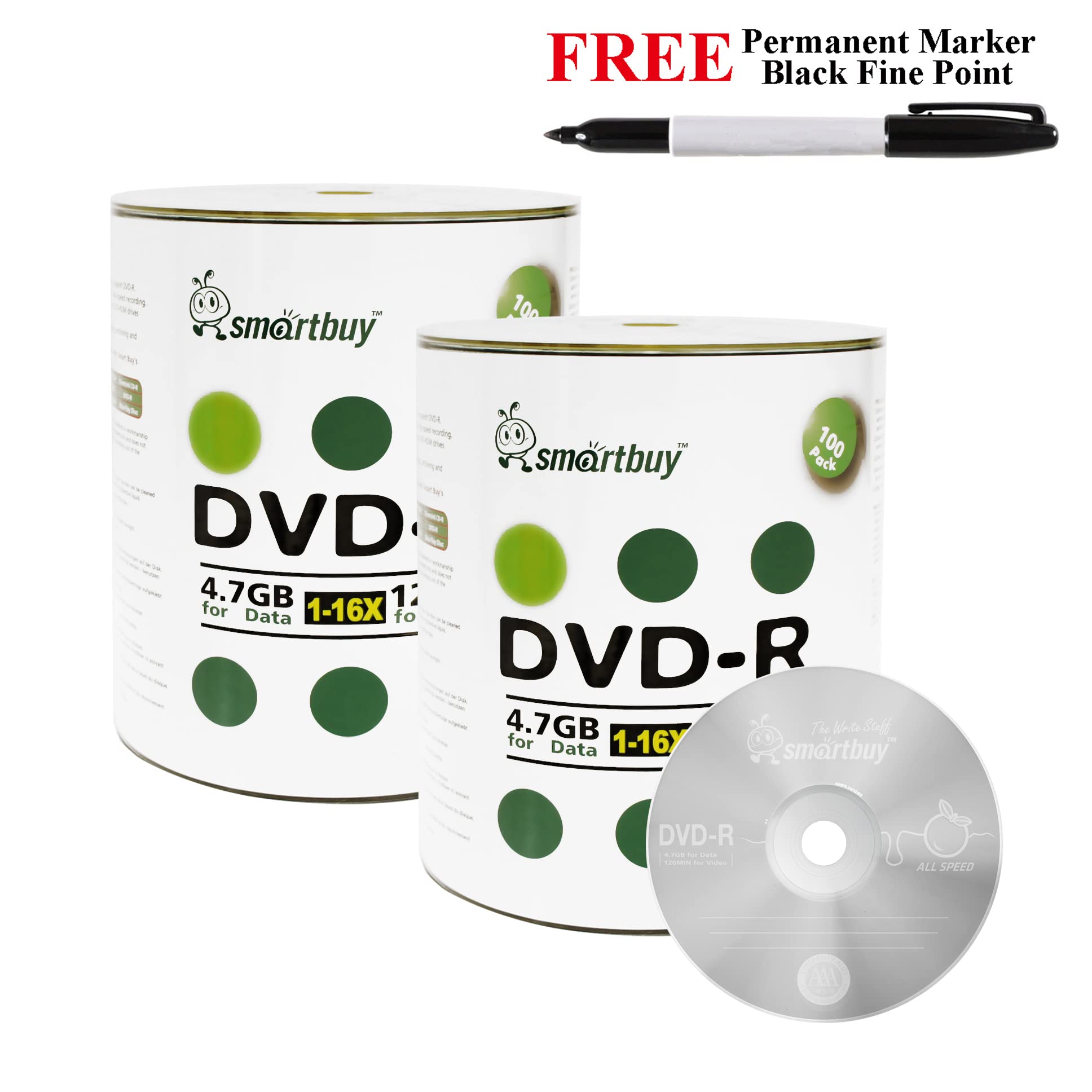 Smartbuy 200-disc 4.7GB/120min 16x DVD-R Logo Top Blank Media Record Disc + Black Permanent Marker