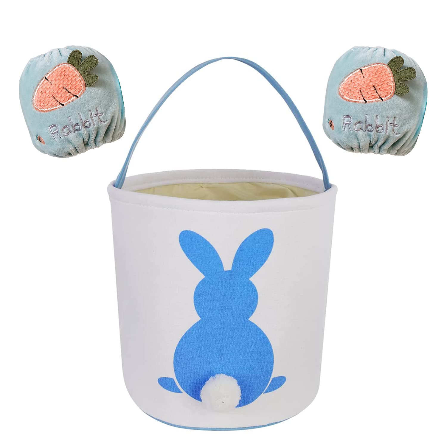 Easter Bunny Basket Bags Fluffy Tails Printed Rabbit Toys Bucket Totes & Carrot Cuff Guard Covers for Kids Canvas Carrying(Blue)