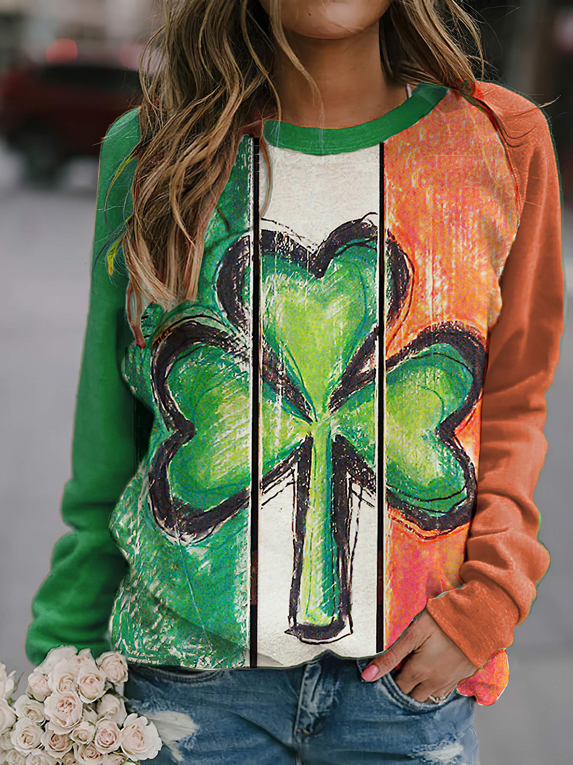 Akivide Women's Irish St. Patrick's Day Shamrock Sweatshirt Long Sleeve Clover Leaf Shamrock Love Patchwork Shirt for Women