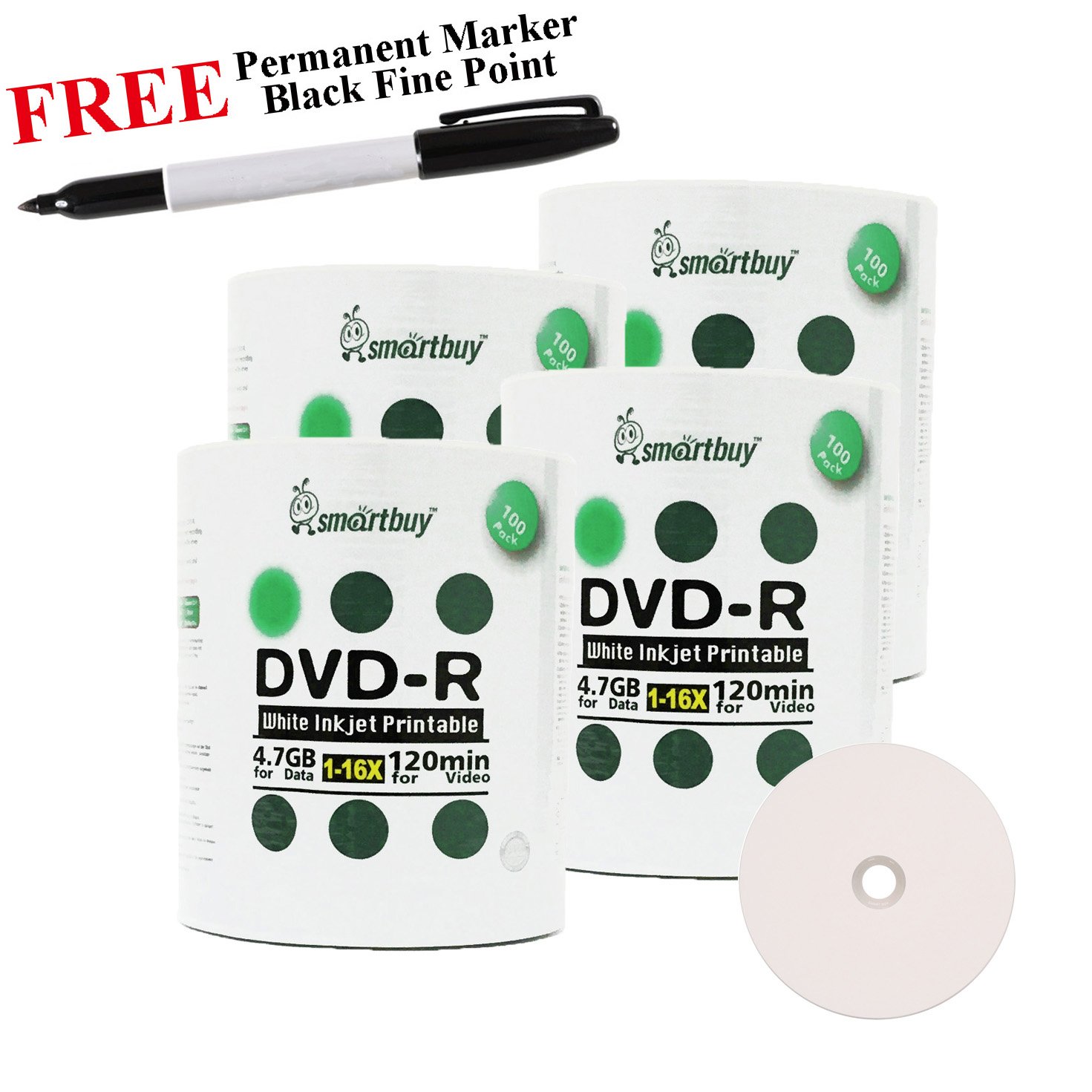 Smartbuy 400-disc 4.7GB/120min 16x DVD-R White Inkjet Hub Printable Blank Media Disc + Black Permanent Marker