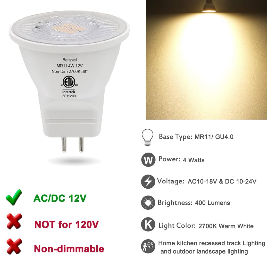 Beispiel MR11 Gu4.0 Bi-pin LED Light Bulb 4W 12VAC/DC Warm White 2700K for Outdoor Landscape Lighting Recessed Track Lights, Pack of 4