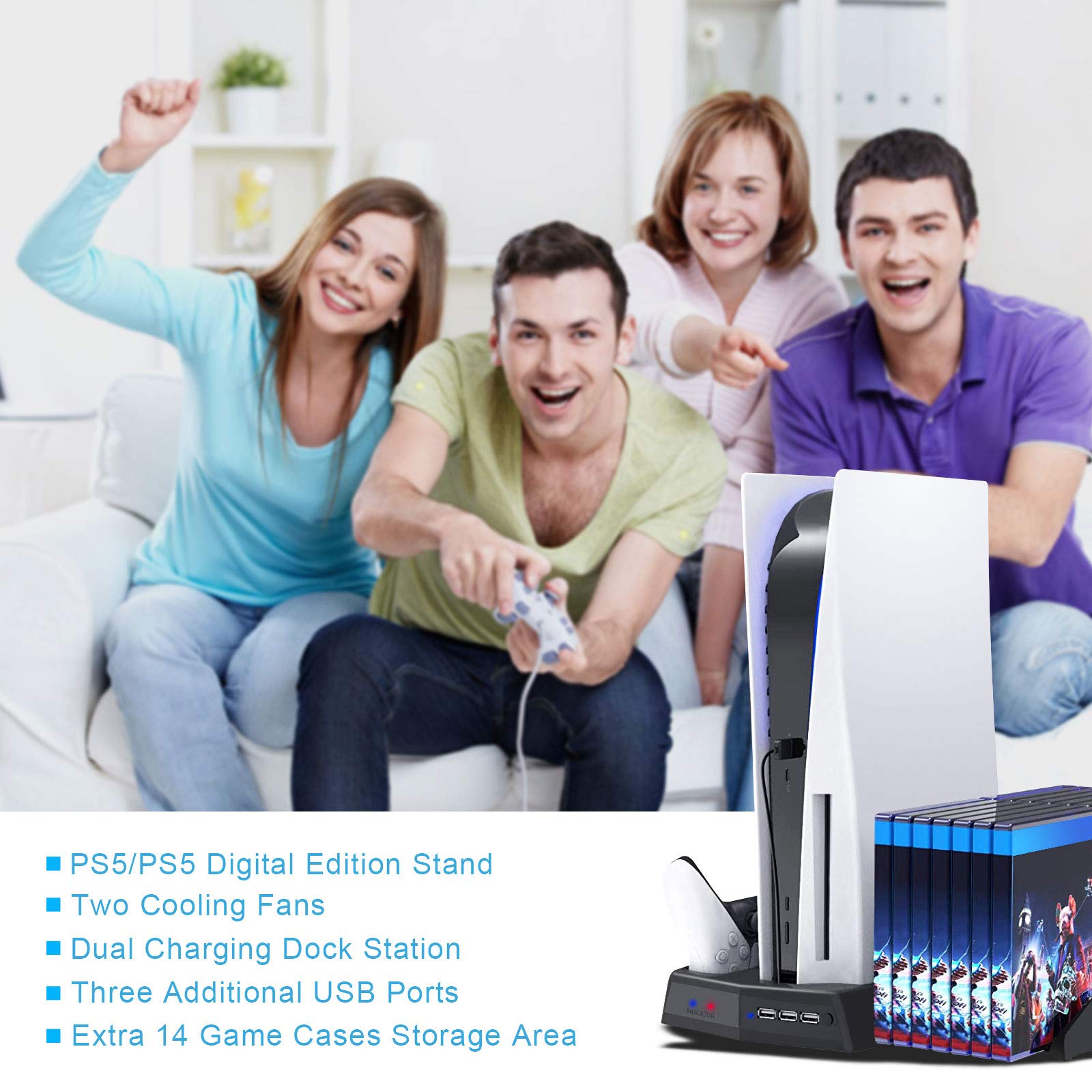 AKNES Vertical Stand with Cooling Fan for PS5/Playstation 5/PS5 Digital Edition, Dual Controller Charger Station with 14 Game Storage and Dualshock Charger, 3 Extra USB HUB Port, A PS5 Storage Bag