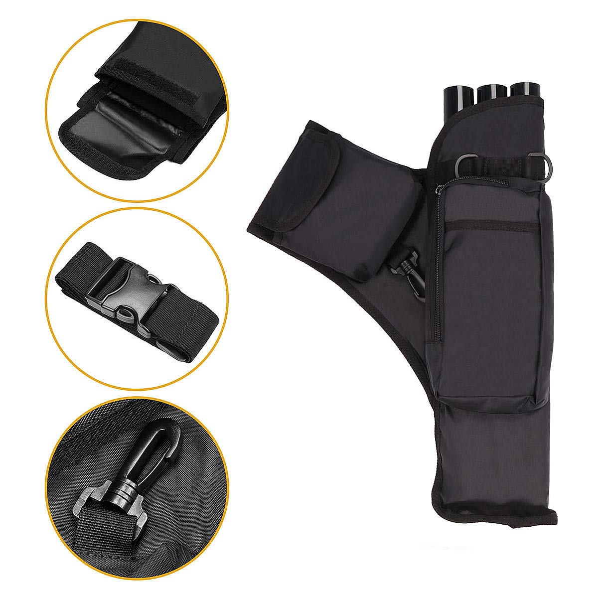 abcGoodefg 3 Tube Hip Archery Arrow Quiver Holder with Pockets and Adjustable Strap for Hunting Training (Black)