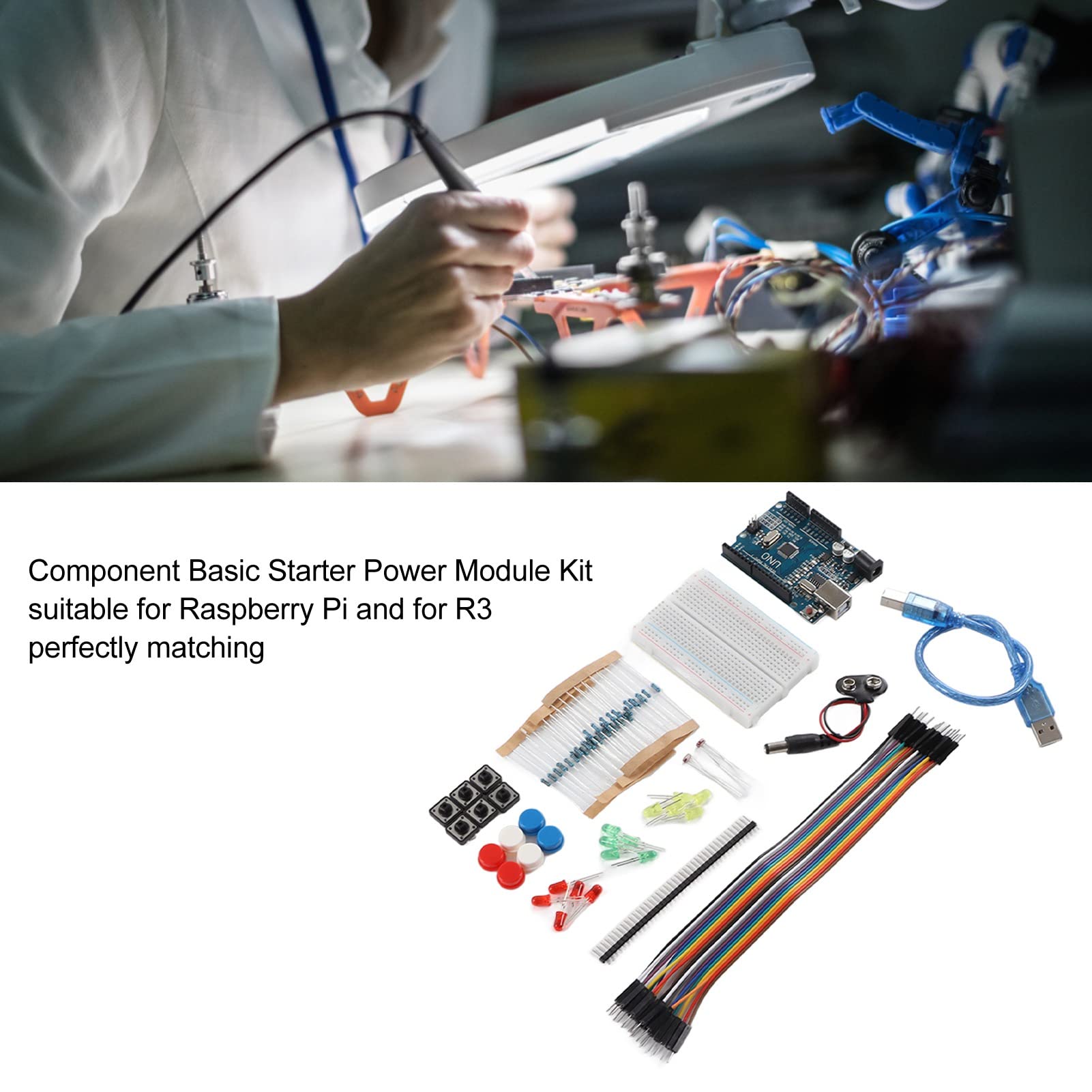 Basic Starter Module Kit, 3 Color LED Light USB Cable Compact Male to Male Jumper Wire Electronic Starter for Laboratories