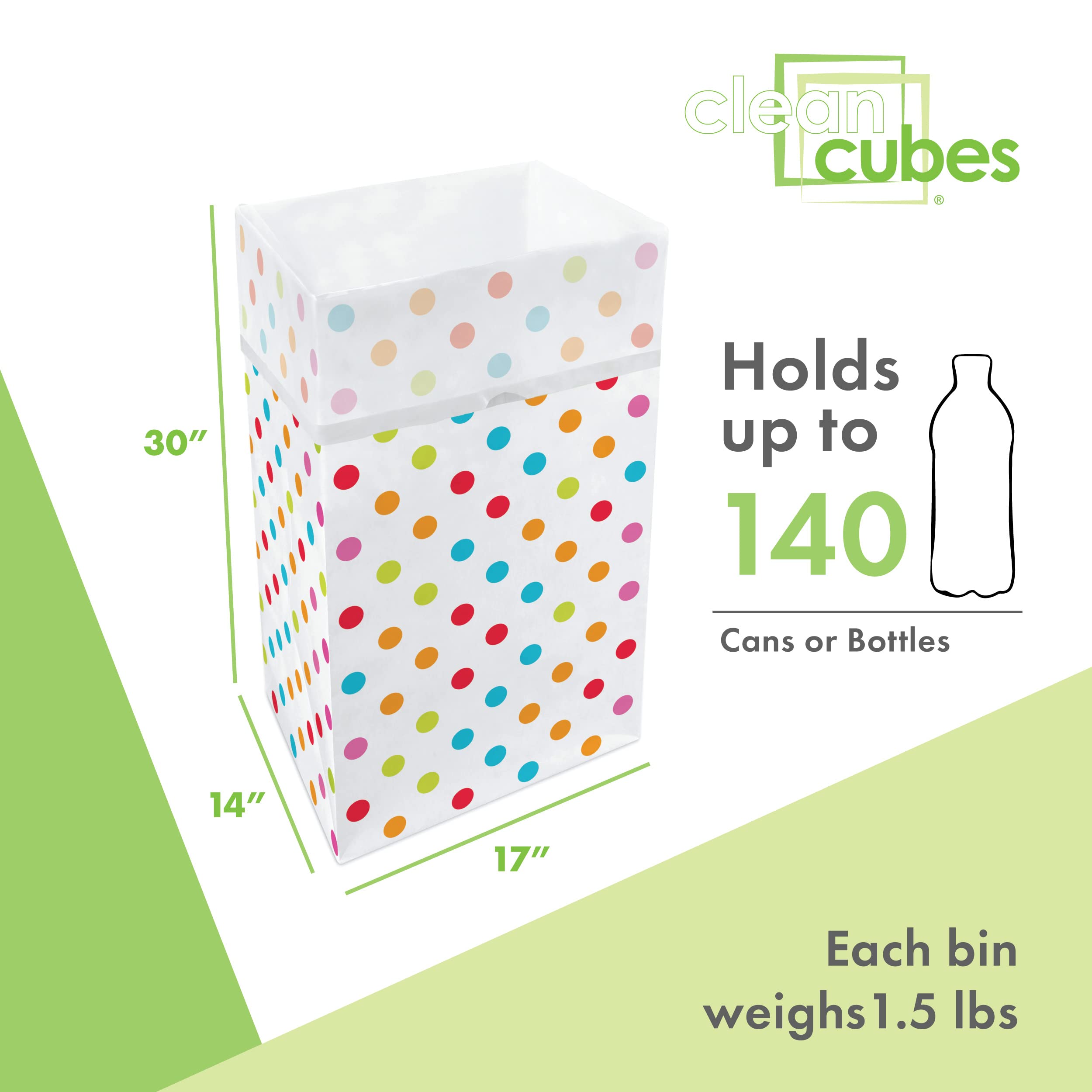 Clean Cubes 30 Gallon Disposable Trash Cans (3-Pack). Reusable Garbage and Recycling Bins for Parties, Events, and More (Polka Dot - 30” Height x 17” Width x 14” Depth)