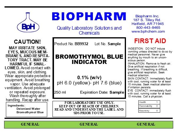 Biopharm Bromothymol Blue Indicator 0.1% (w/v) Aqueous Solution | 250 mL | Includes an Empty 50 mL Dropper Bottle and Dispensing Cap | pH 6.0 (Yellow)-pH 7.6 (Blue)