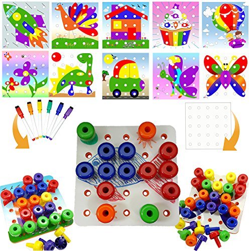 Skoolzy DIY Designs Double Sided White Board Pattern Card with 6 Dry Erase Pens - Color Sorting Peg Board Pattern Cards Creative Kit for Pegboard Stacking Toys for Occupational Therapy for Toddlers